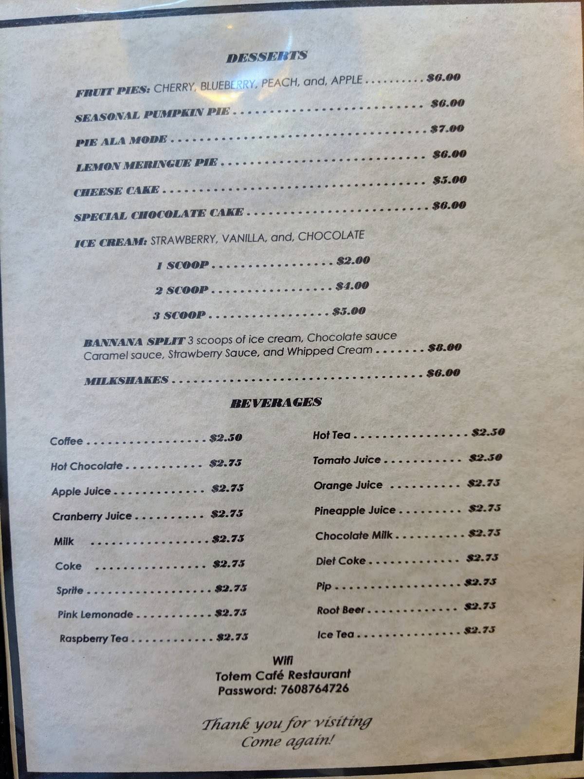 Menu at Totem Cafe, Lone Pine