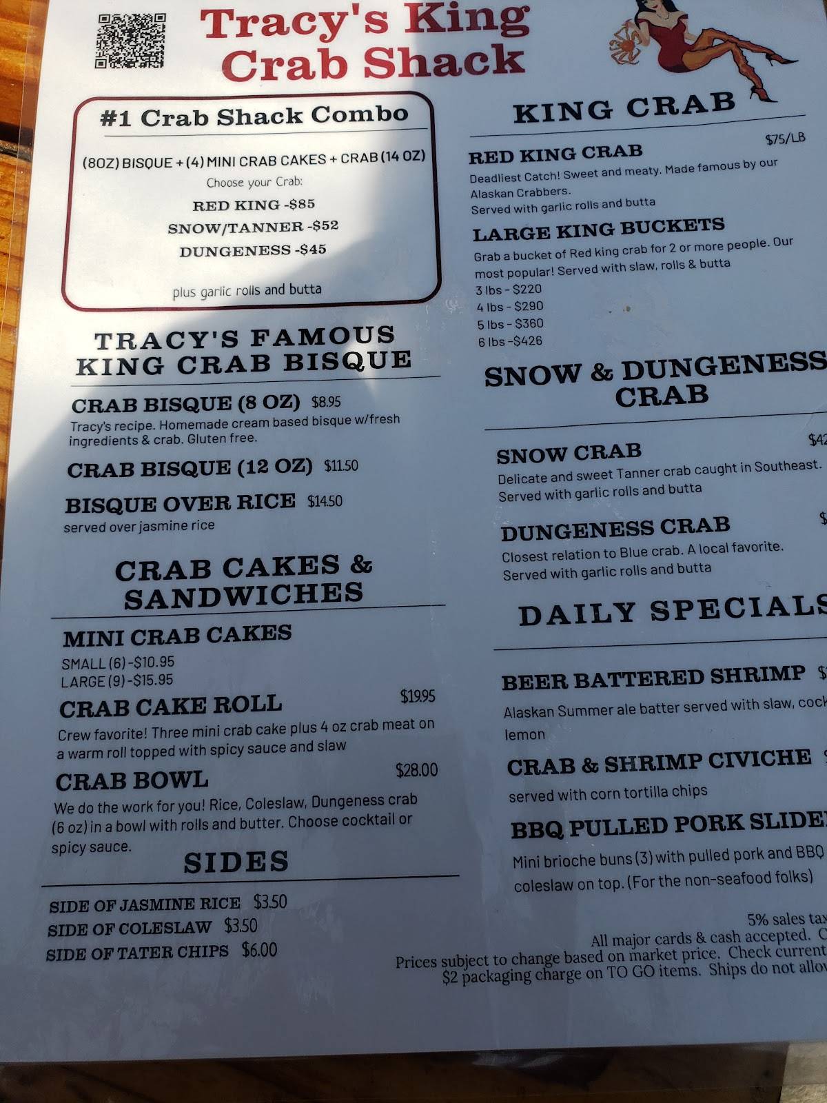 Menu at Tracy’s King Crab Shack restaurant, Juneau, 432 S Franklin St