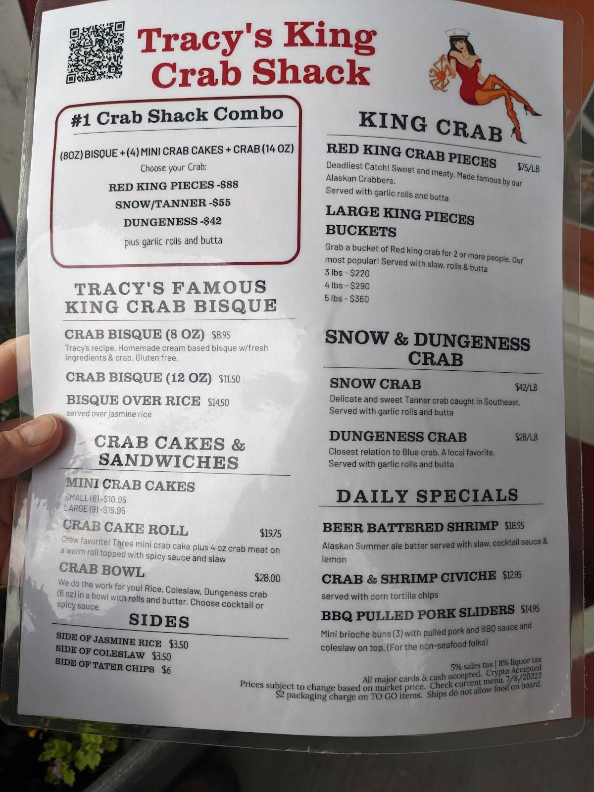 Menu at Tracy’s King Crab Shack restaurant, Juneau, 432 S Franklin St