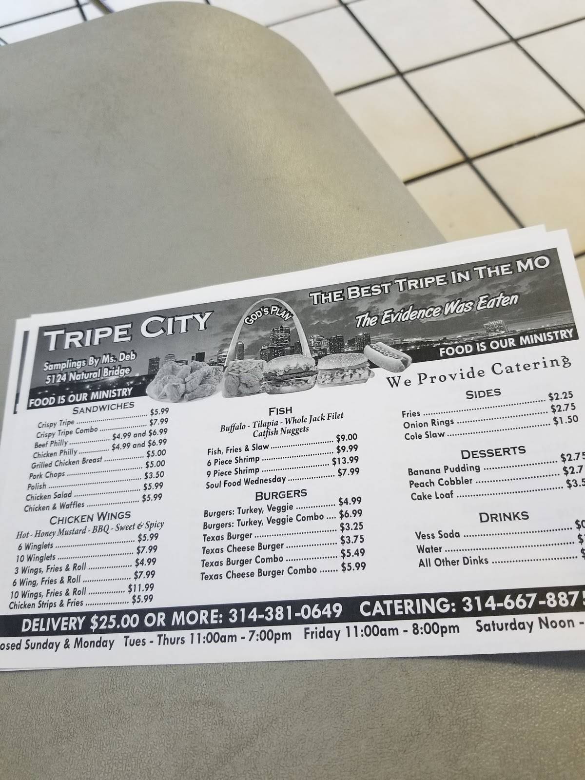 Menu at Tripe City restaurant, St. Louis, Natural Bridge Ave