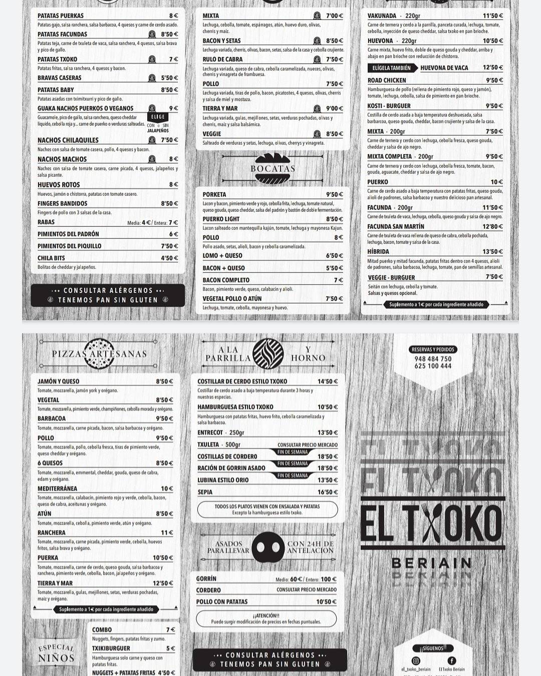 Carta del restaurante Txoko Beriain, Beriáin