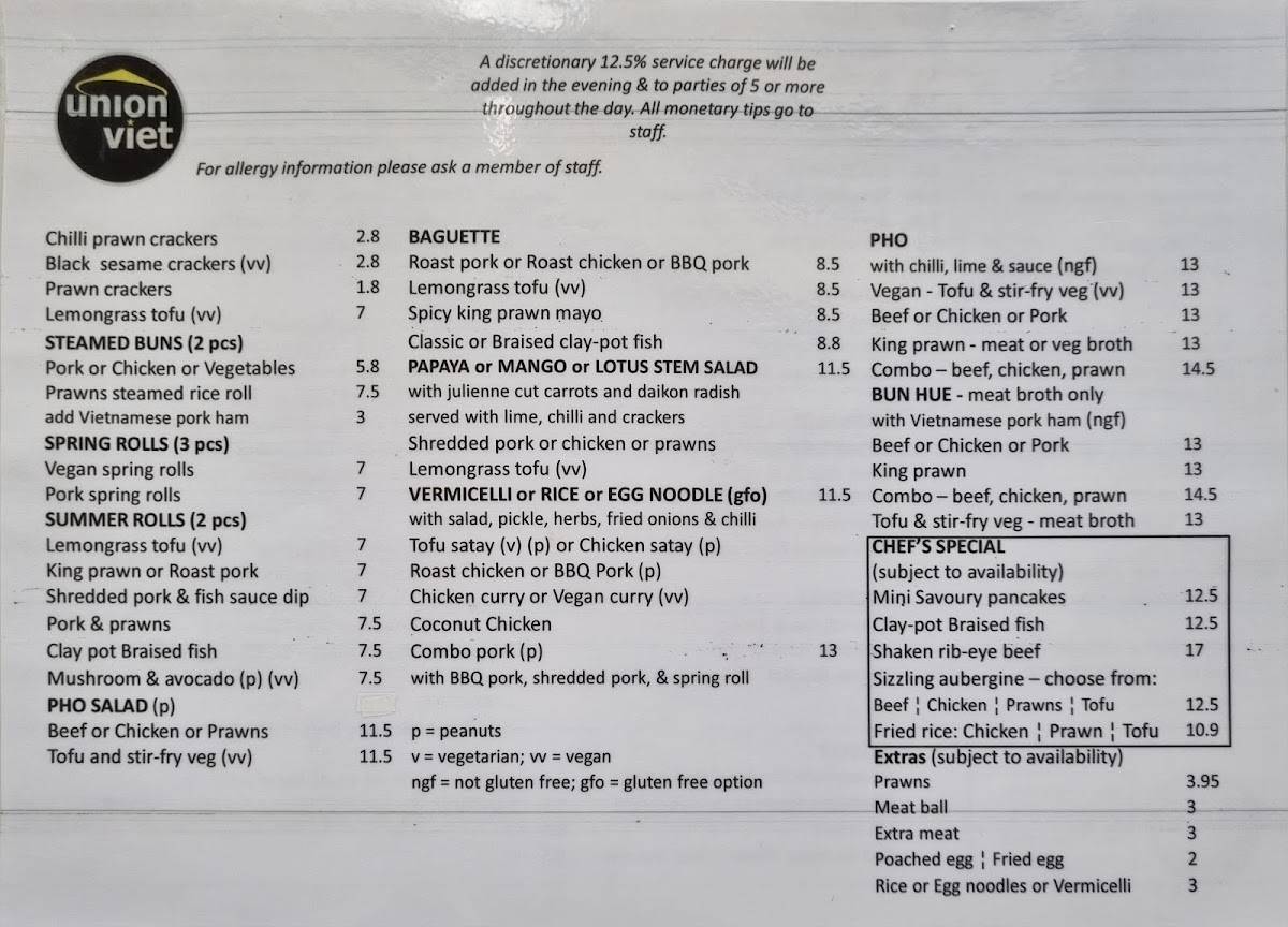 Menu at Union Viet Café cafe, London