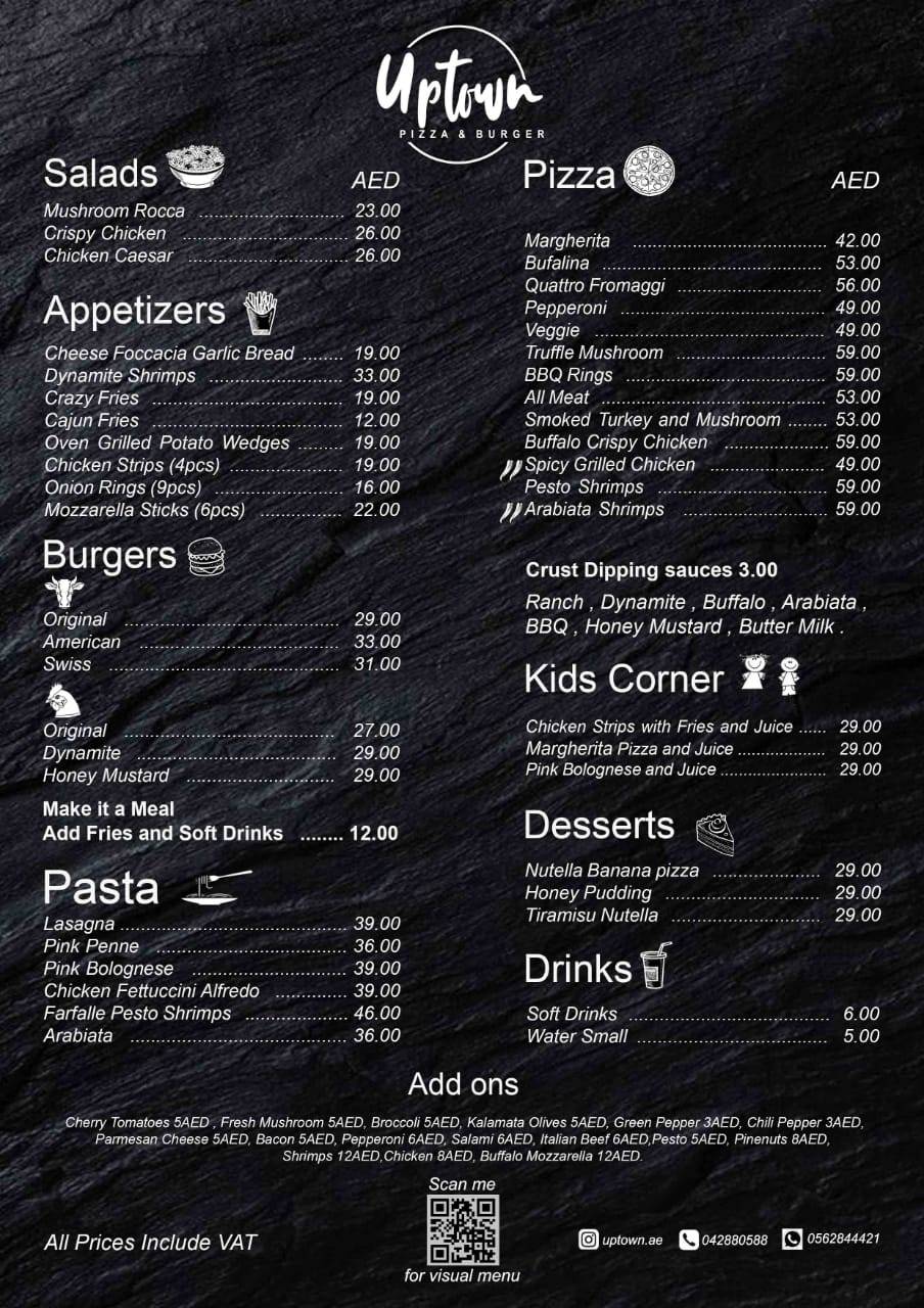 Menu at Uptown Pizza and Burger restaurant, Dubai, Street # 58