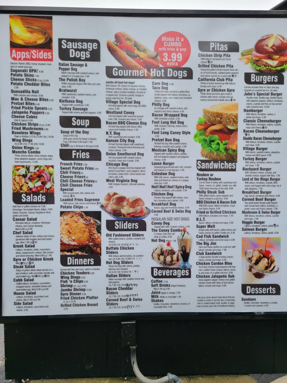 Menu at Village Gourmet Hot Dogs restaurant, Westland