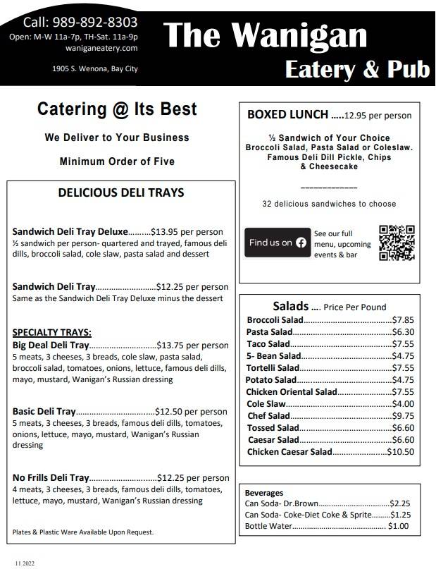 Menu at Wanigan Eatery and Pub, Bay City