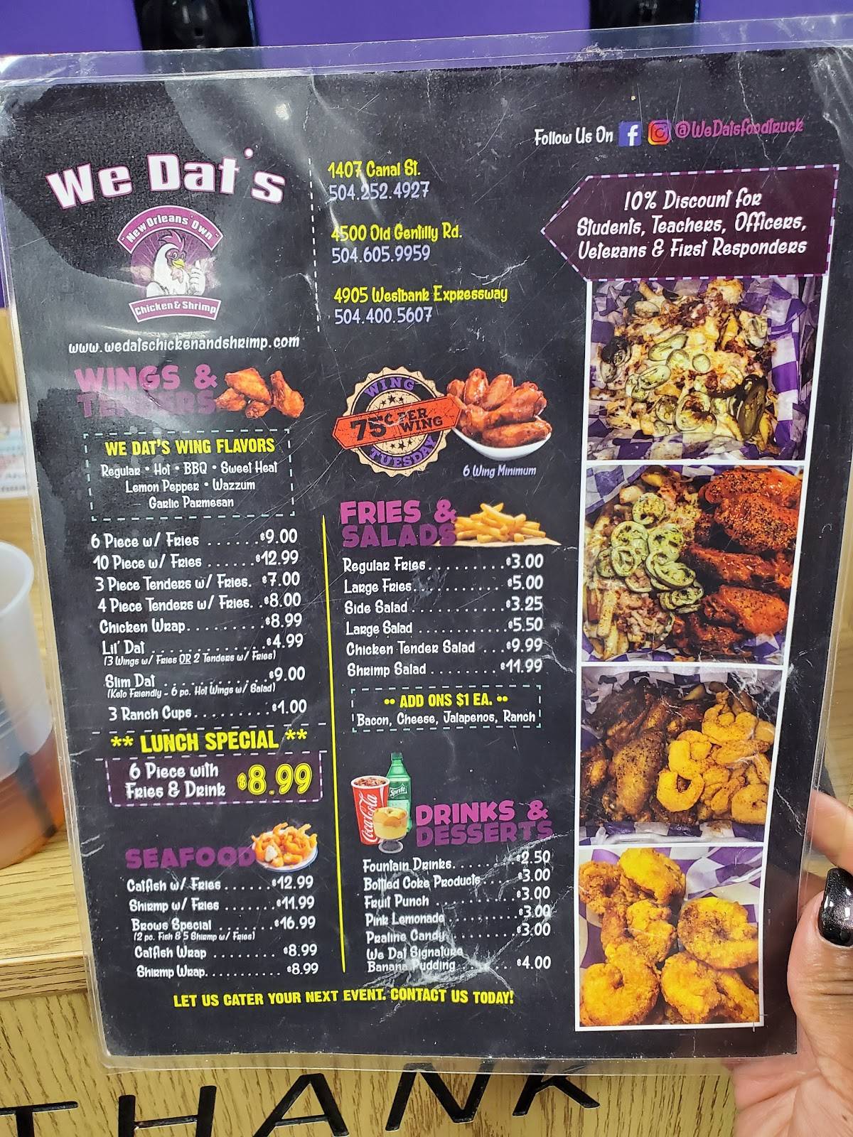 Menu at We Dat's restaurant, New Orleans, Canal St