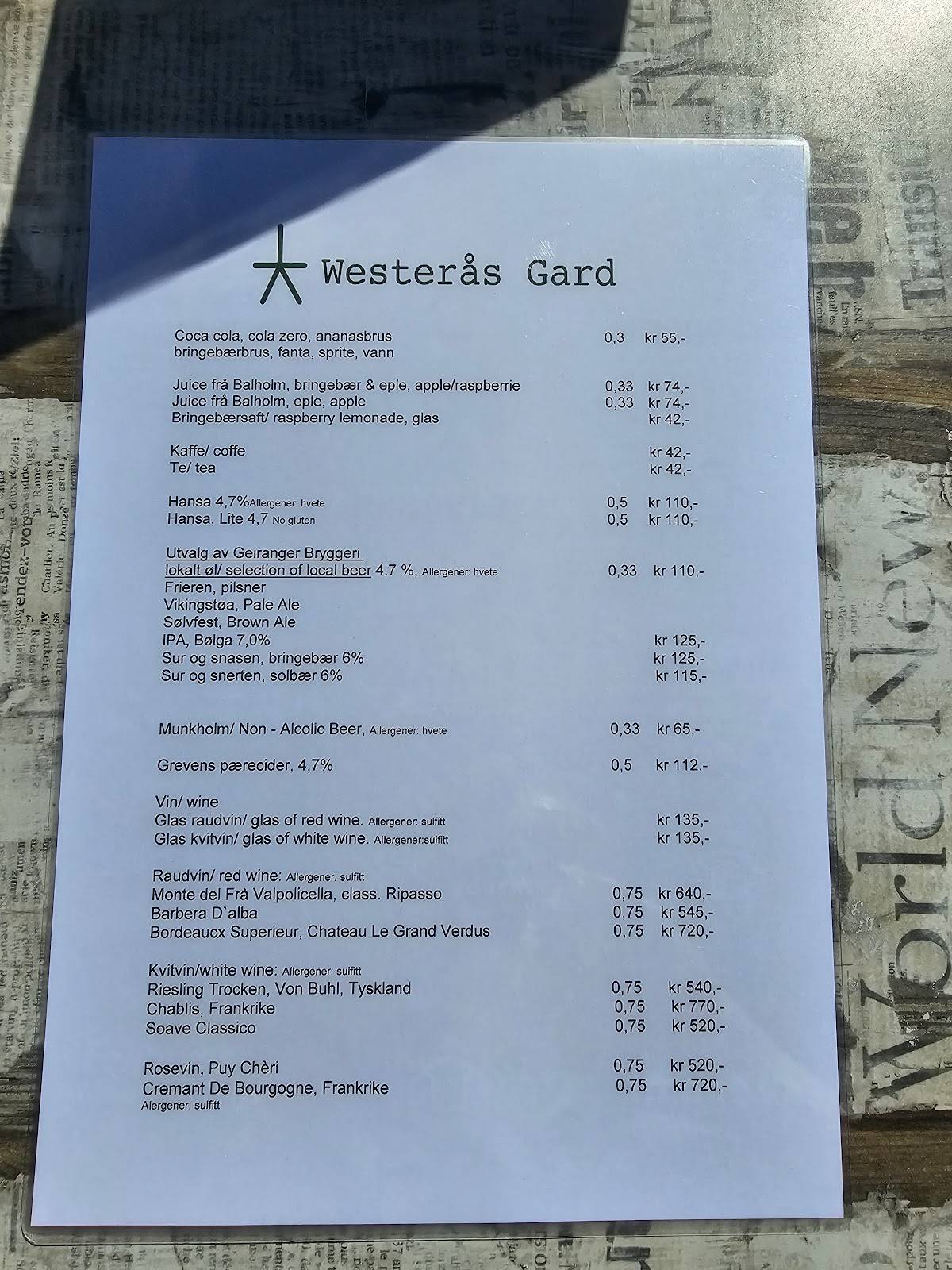 Menu at Westerås Restaurant, Geiranger