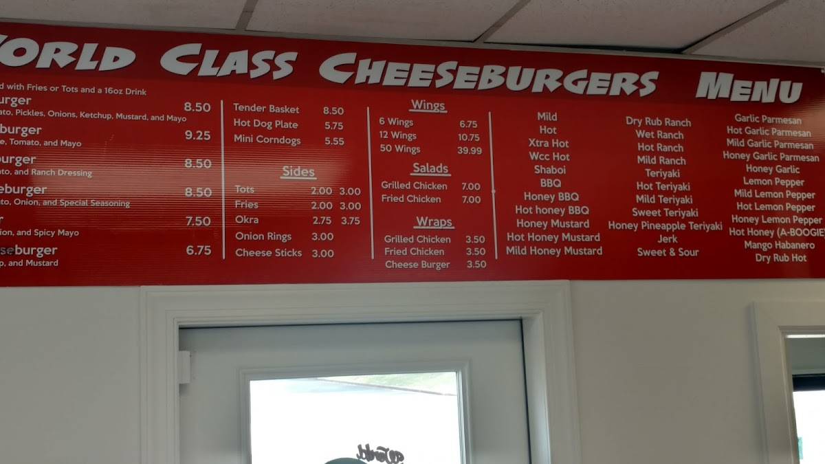 Menu at World Class Cheeseburgers restaurant, Seneca, 15951 Wells Hwy