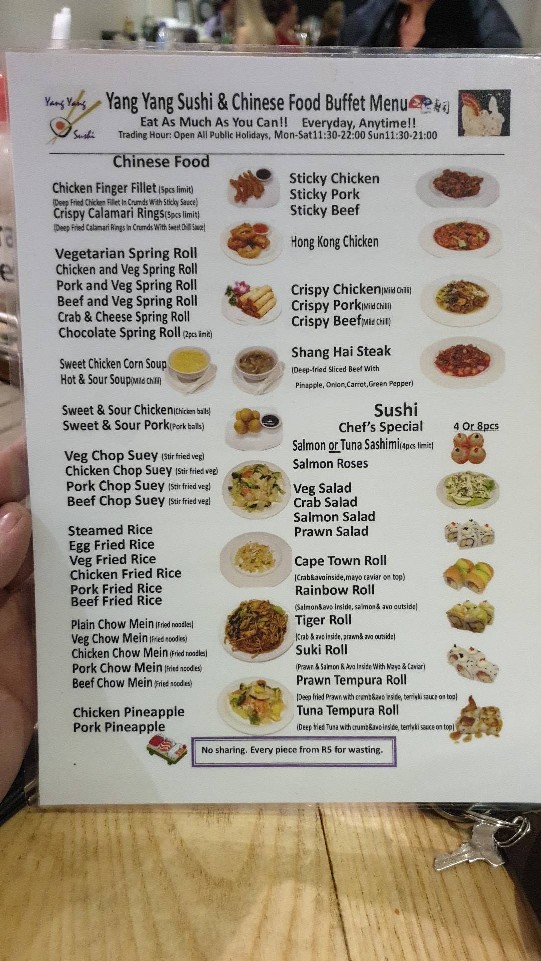 Menu at Yang Yang Chinese Restaurant & Sushi Bar, Cape Town
