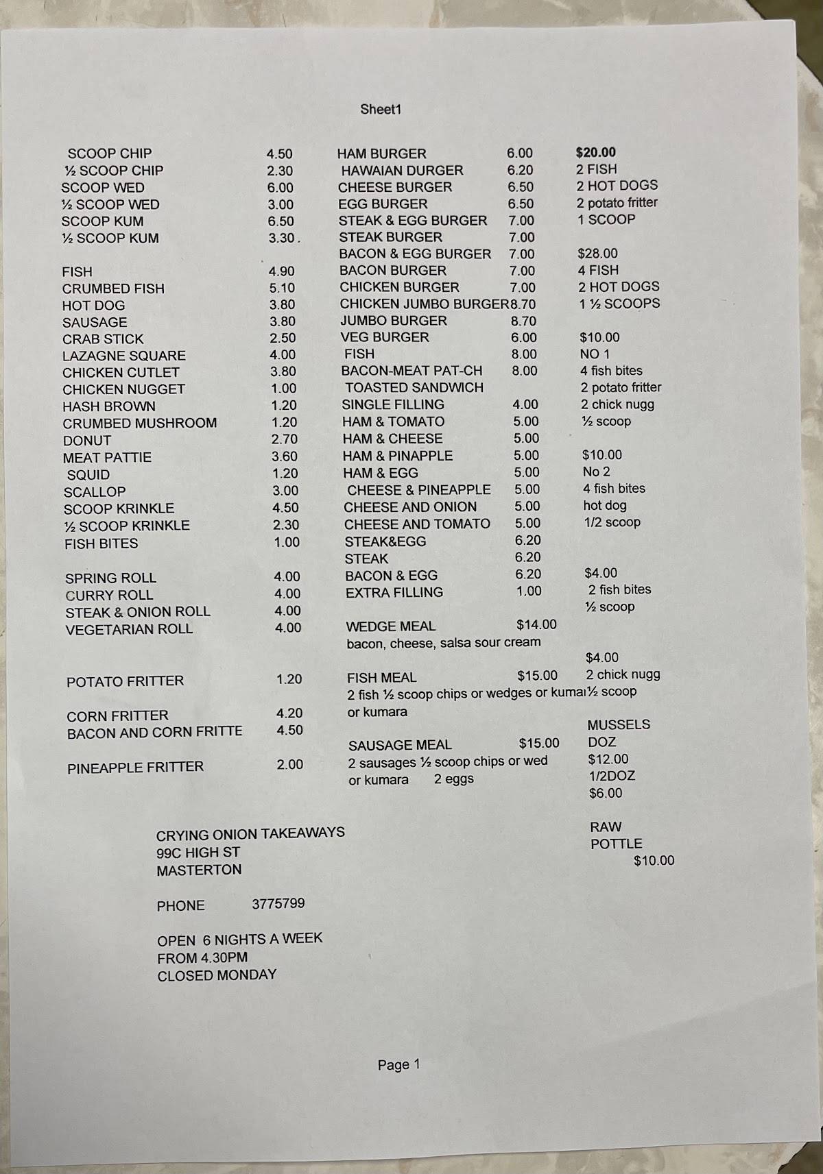 Menu at crying onion Takeaways masterton restaurant, Masterton