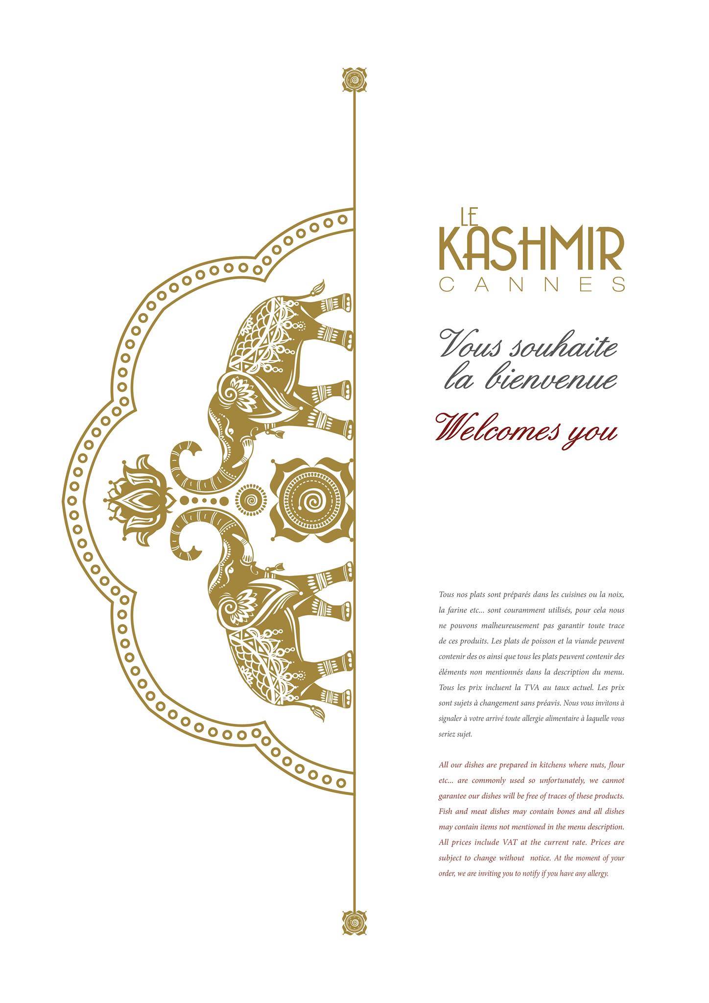 Carta de Restaurant indien le Kashmir, Cannes