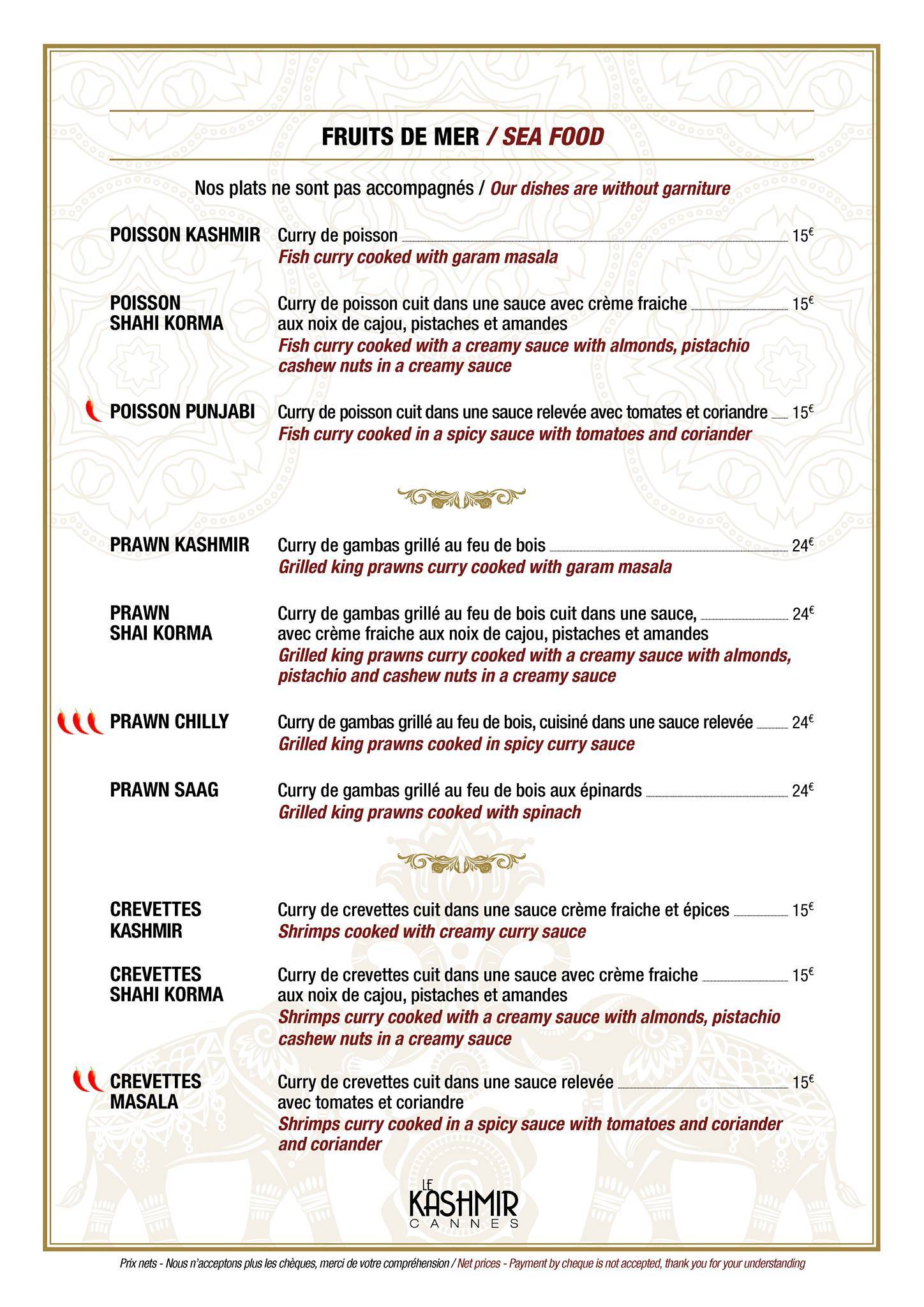 Carta de Restaurant indien le Kashmir, Cannes