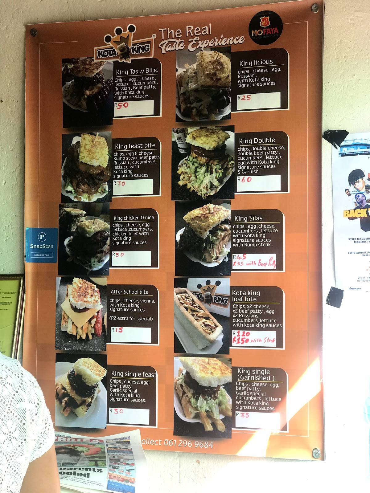 Menu at kota king restaurant, Soweto, Protea Blvd