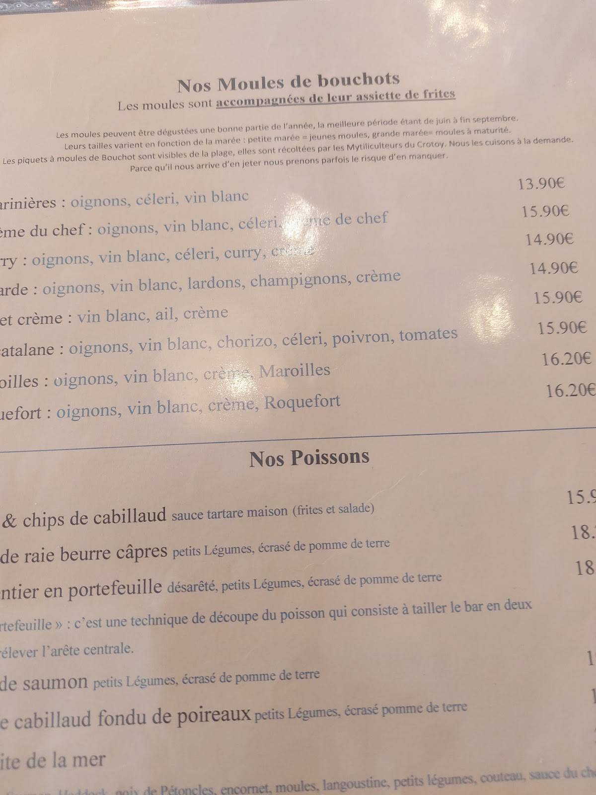 Menu au Restaurant l'effet mer, Fort-Mahon-Plage