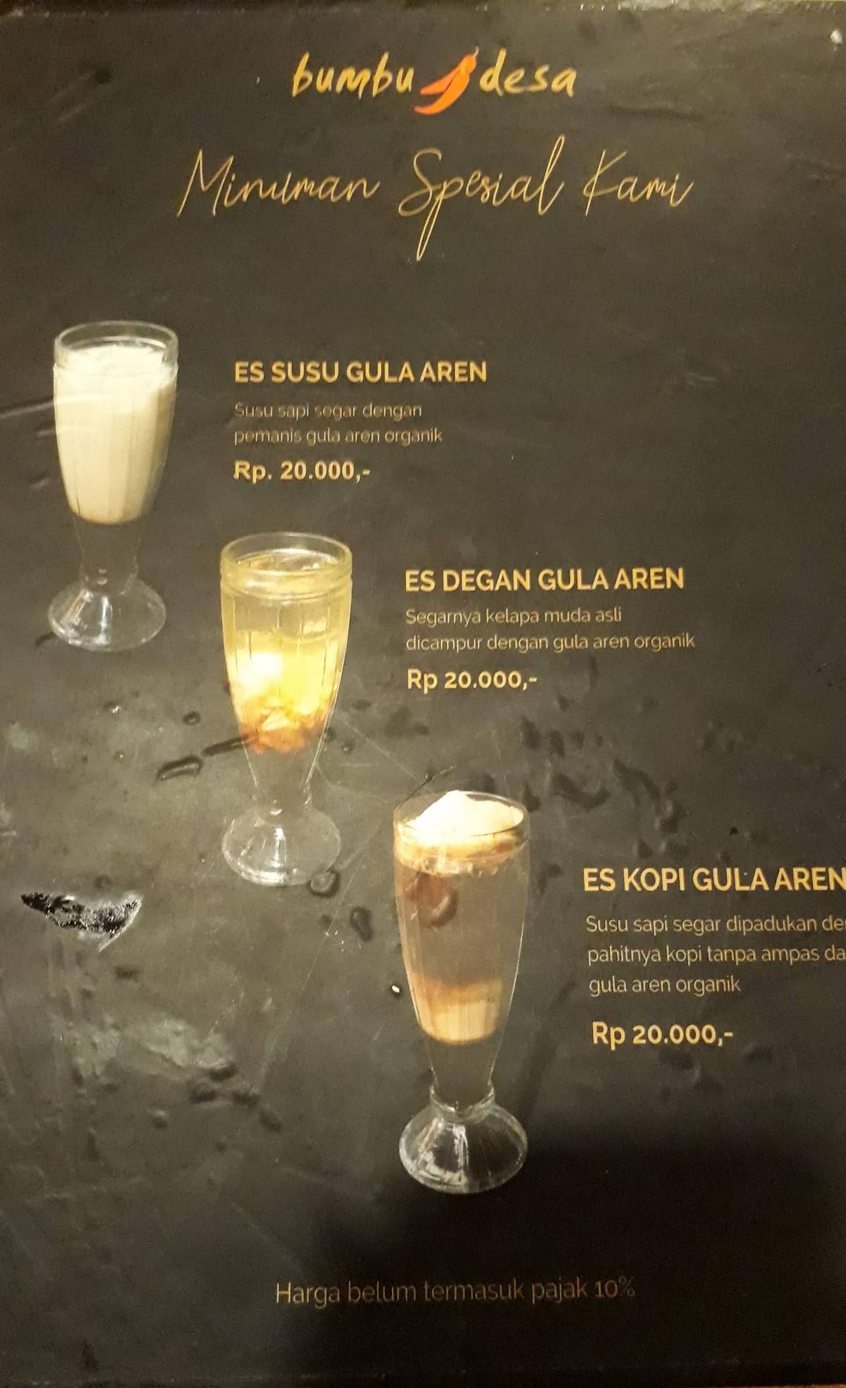 Menu at Restoran Bumbu Desa restaurant, Yogyakarta