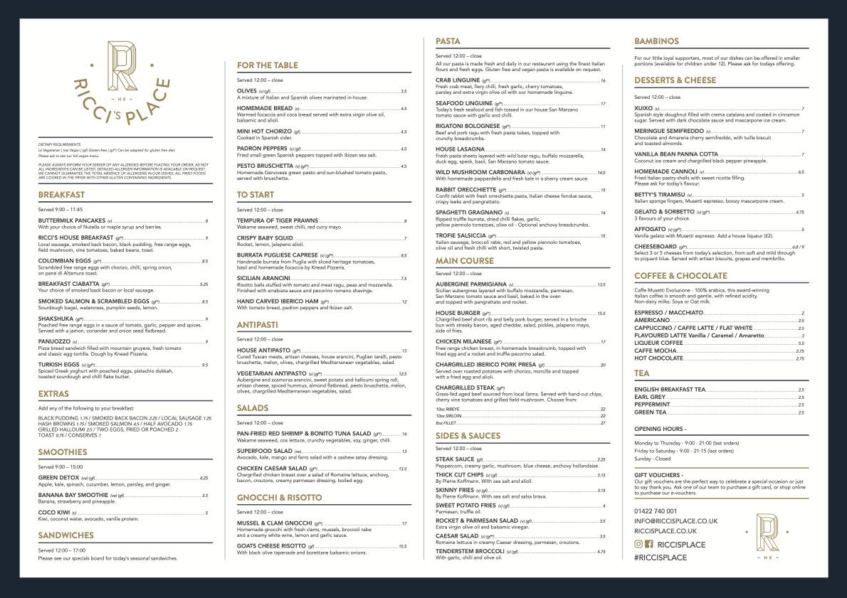 Menu at Ricci’s Place restaurant, Halifax