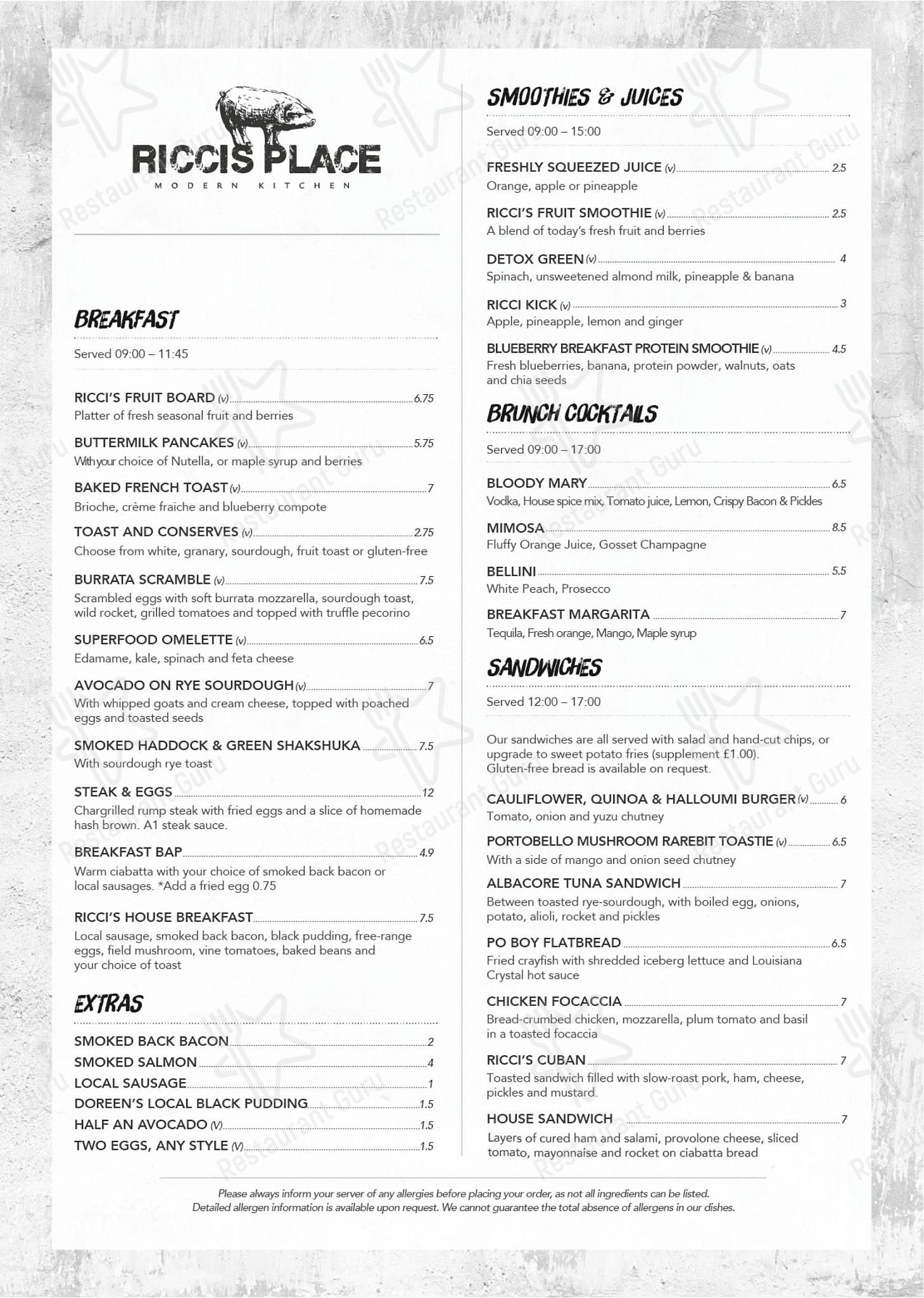 Menu at Ricci’s Place restaurant, Halifax