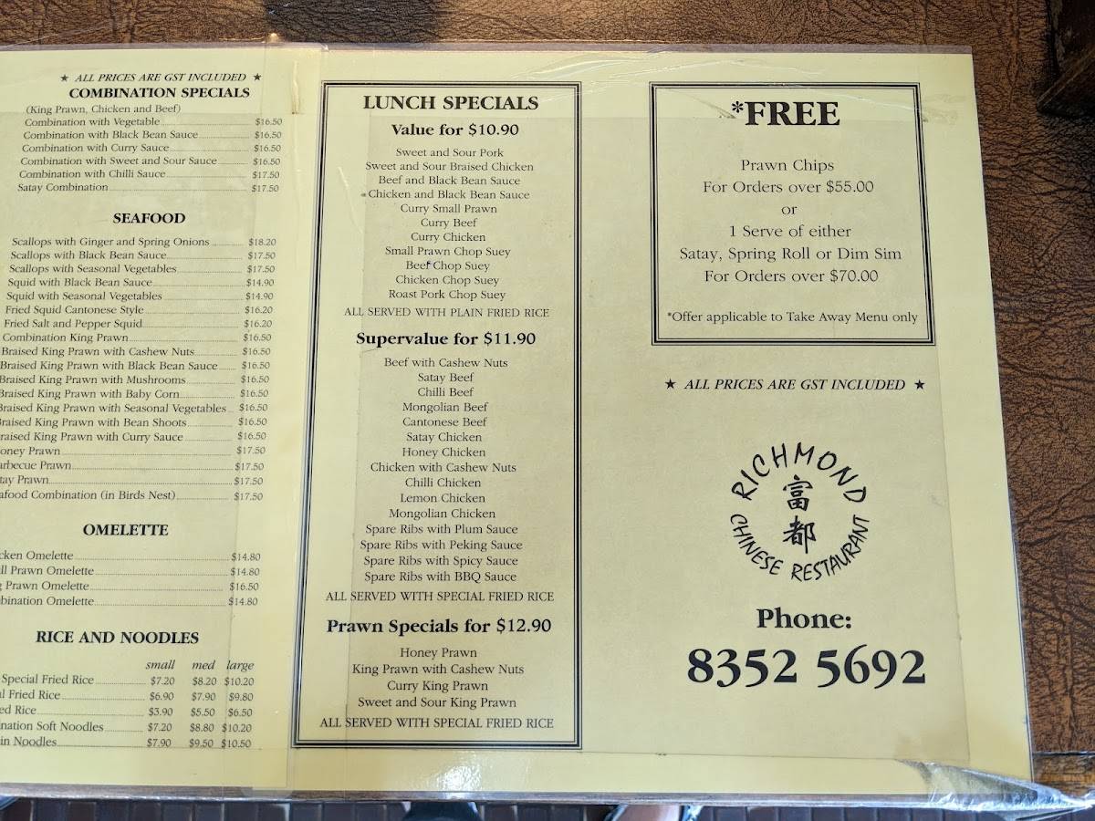 Menu at Richmond Chinese Restaurant, Marleston