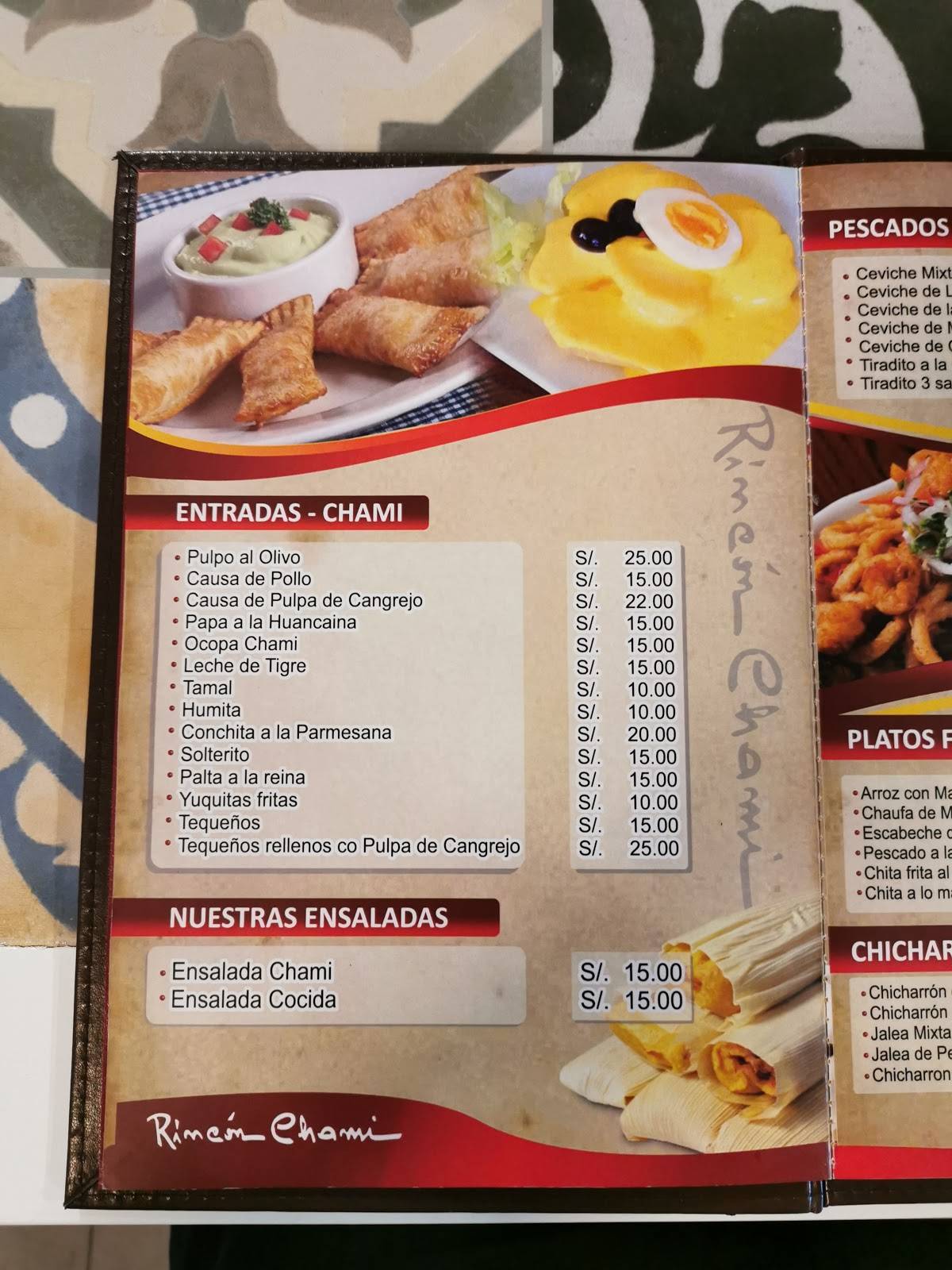Carta del restaurante Rincón Chami, Miraflores, Av. Alfredo Benavides 2360