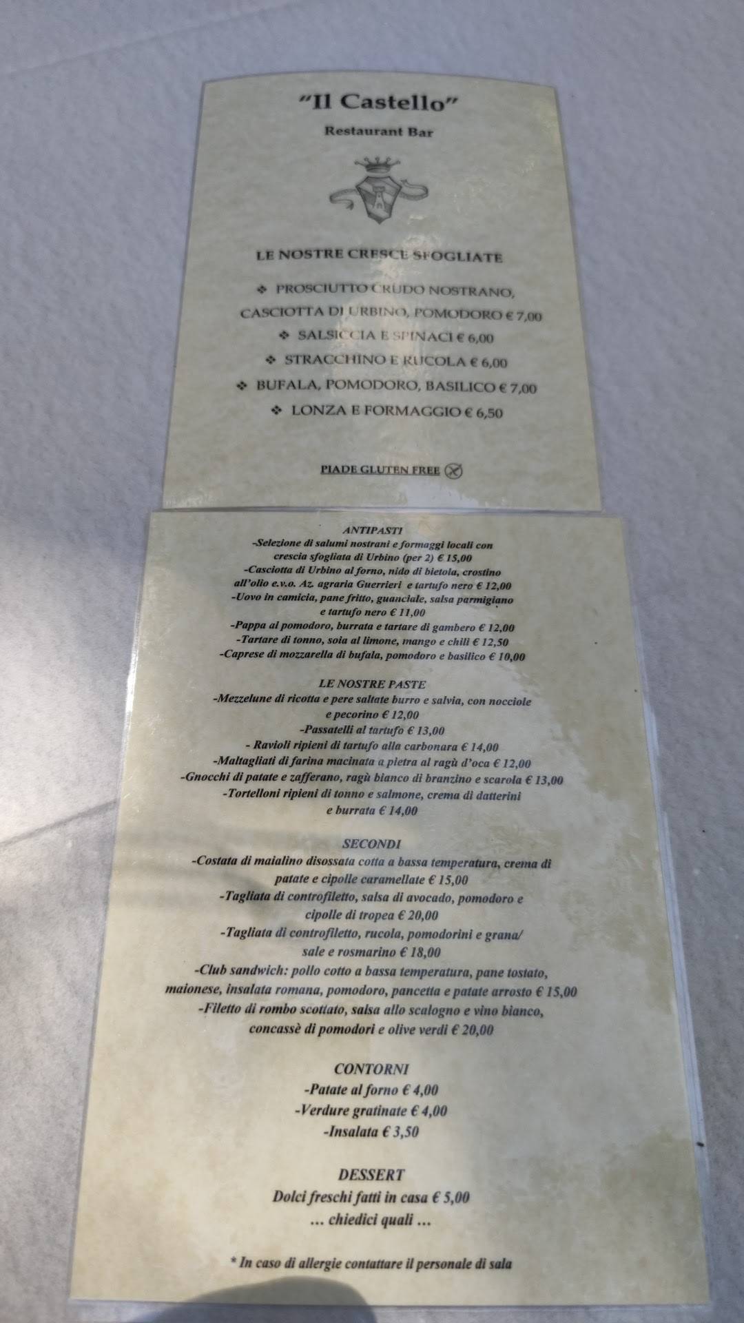 Menu da Ristorante Il Castello, Urbino
