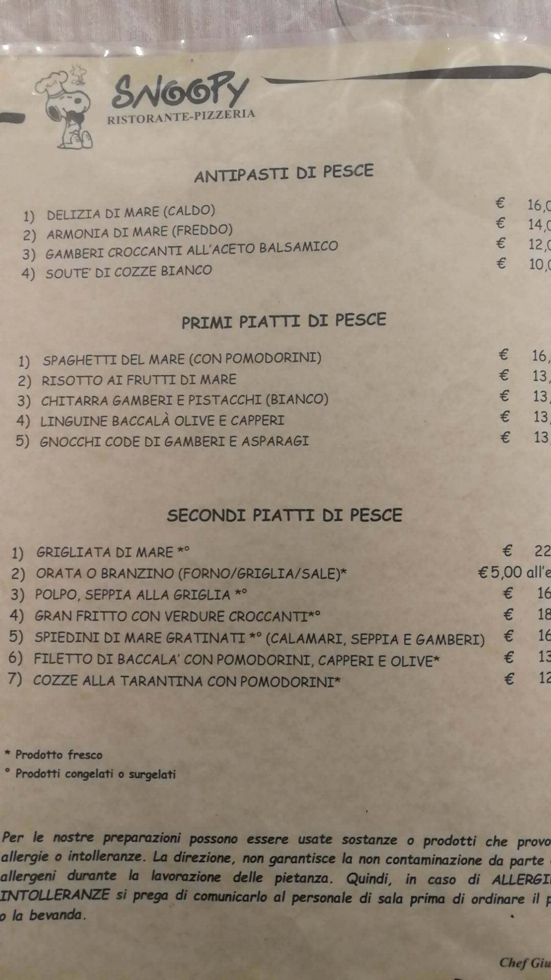 Menu da Ristorante pizzeria Snoopy, Bologna