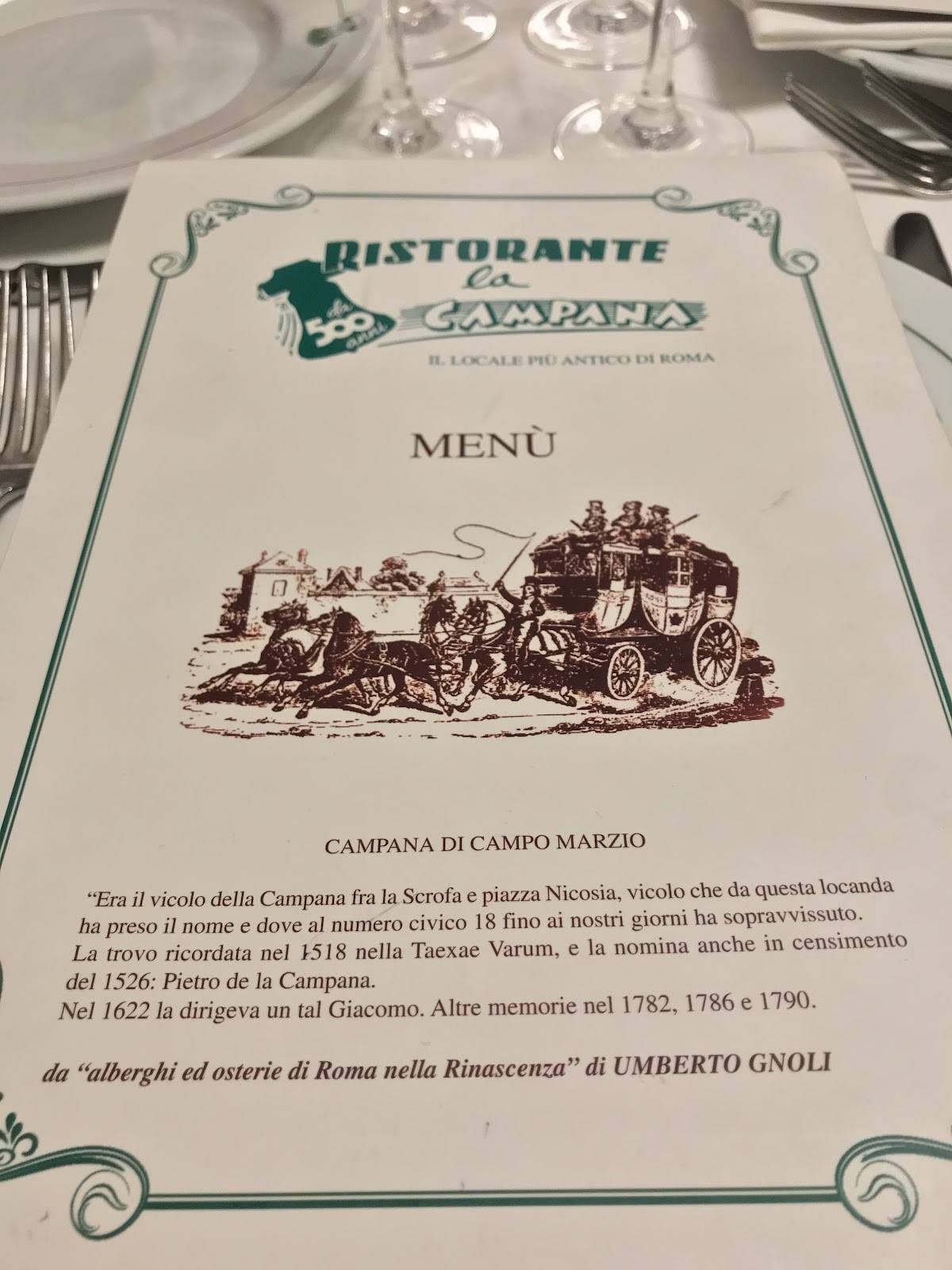 Menu at Ristorante la Campana, Rome