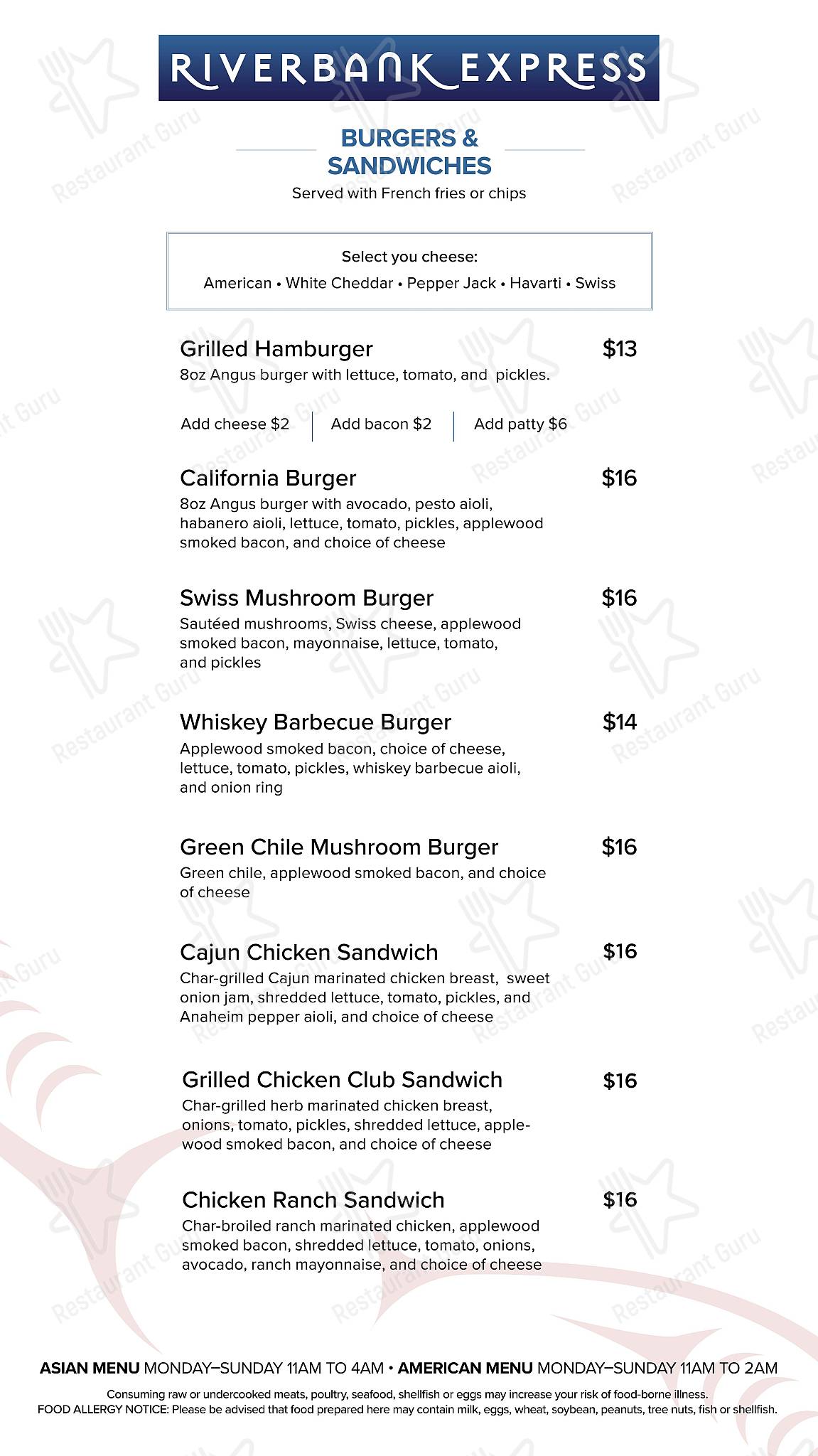 Carta del restaurante Riverbank Express, Tacoma