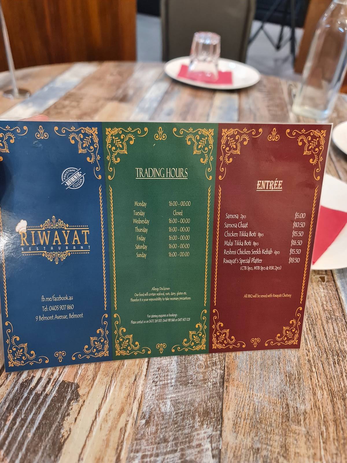 Menu at Riwayat Restaurant, Belmont