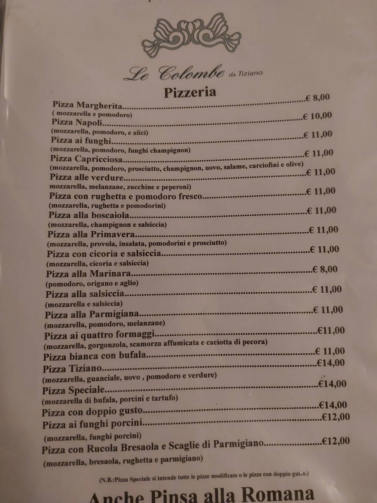 Menu da Le Colombe Da Tiziano ristorante, Rocca Priora