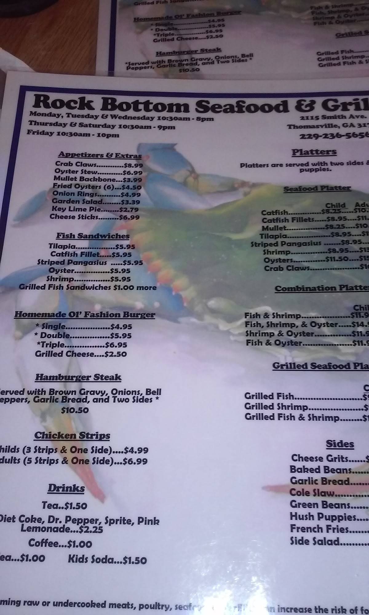 Menu at Rock Bottom Seafood & Grill restaurant, Thomasville