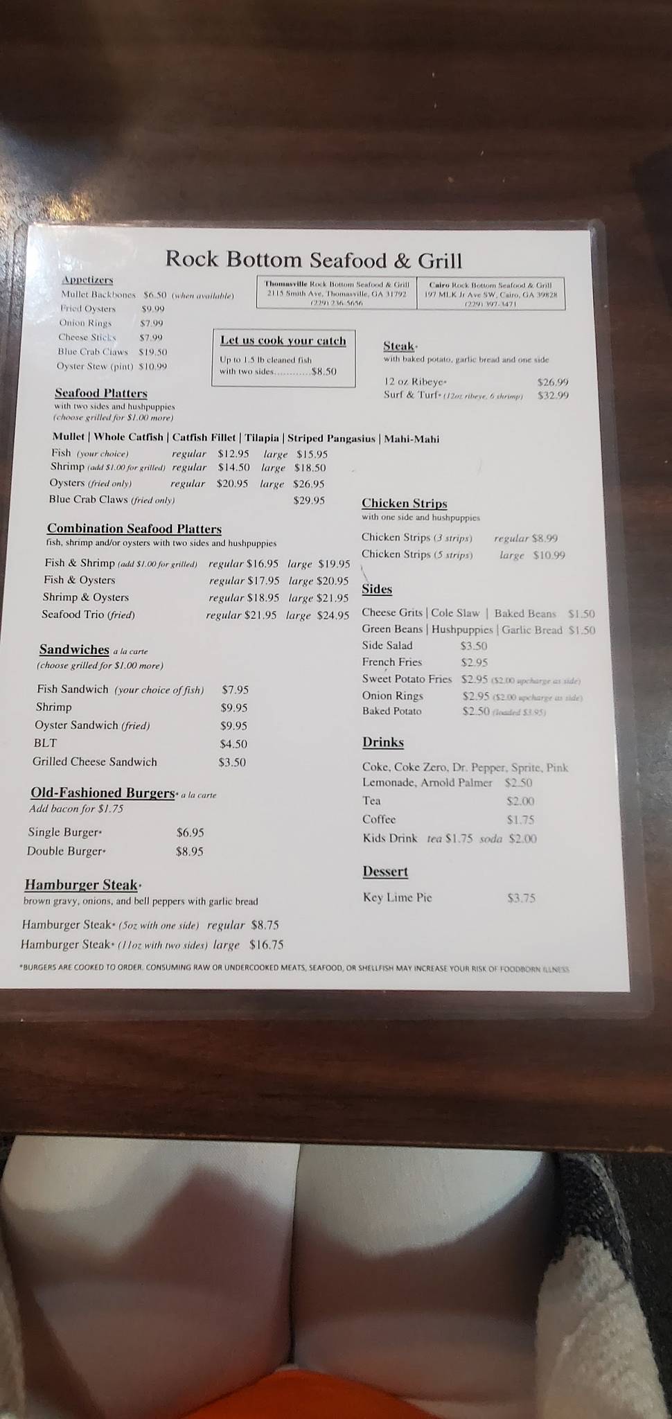 Menu at Rock Bottom Seafood & Grill restaurant, Thomasville
