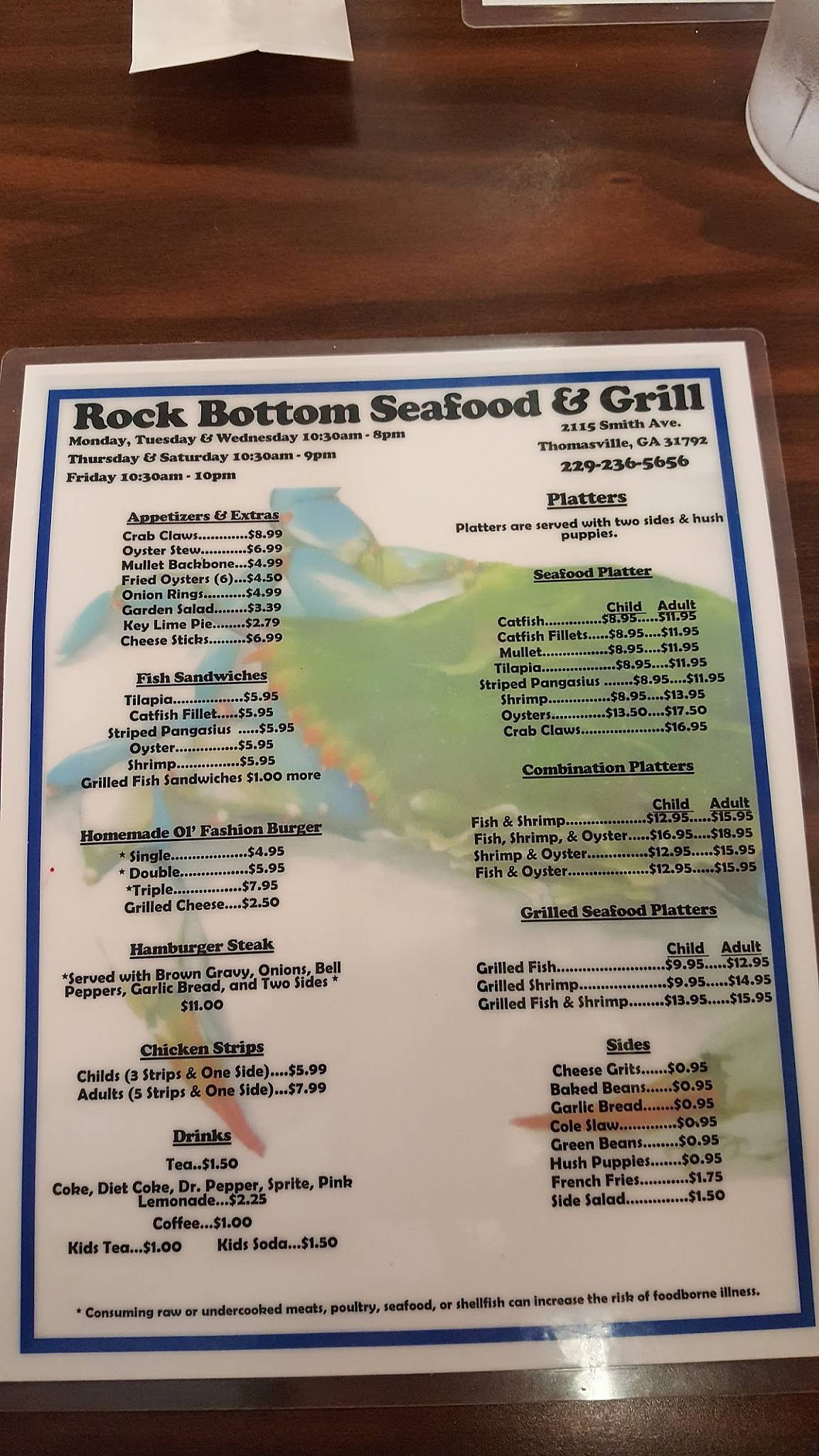 Menu at Rock Bottom Seafood & Grill restaurant, Thomasville