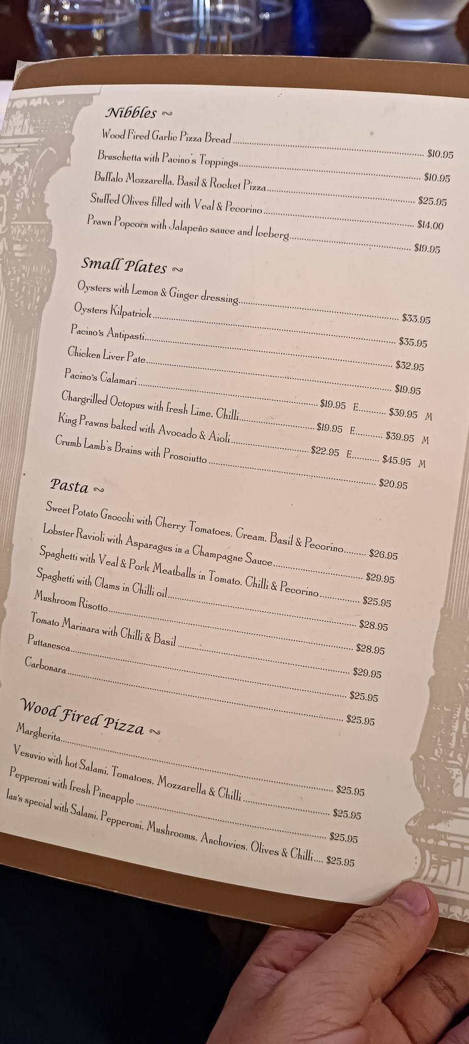 Menu at Pacino's restaurant, Rockhampton City, 5 East St