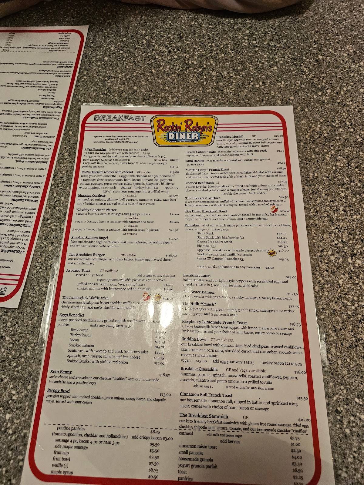 Menu at Rockin' Robyn's restaurant, Edmonton