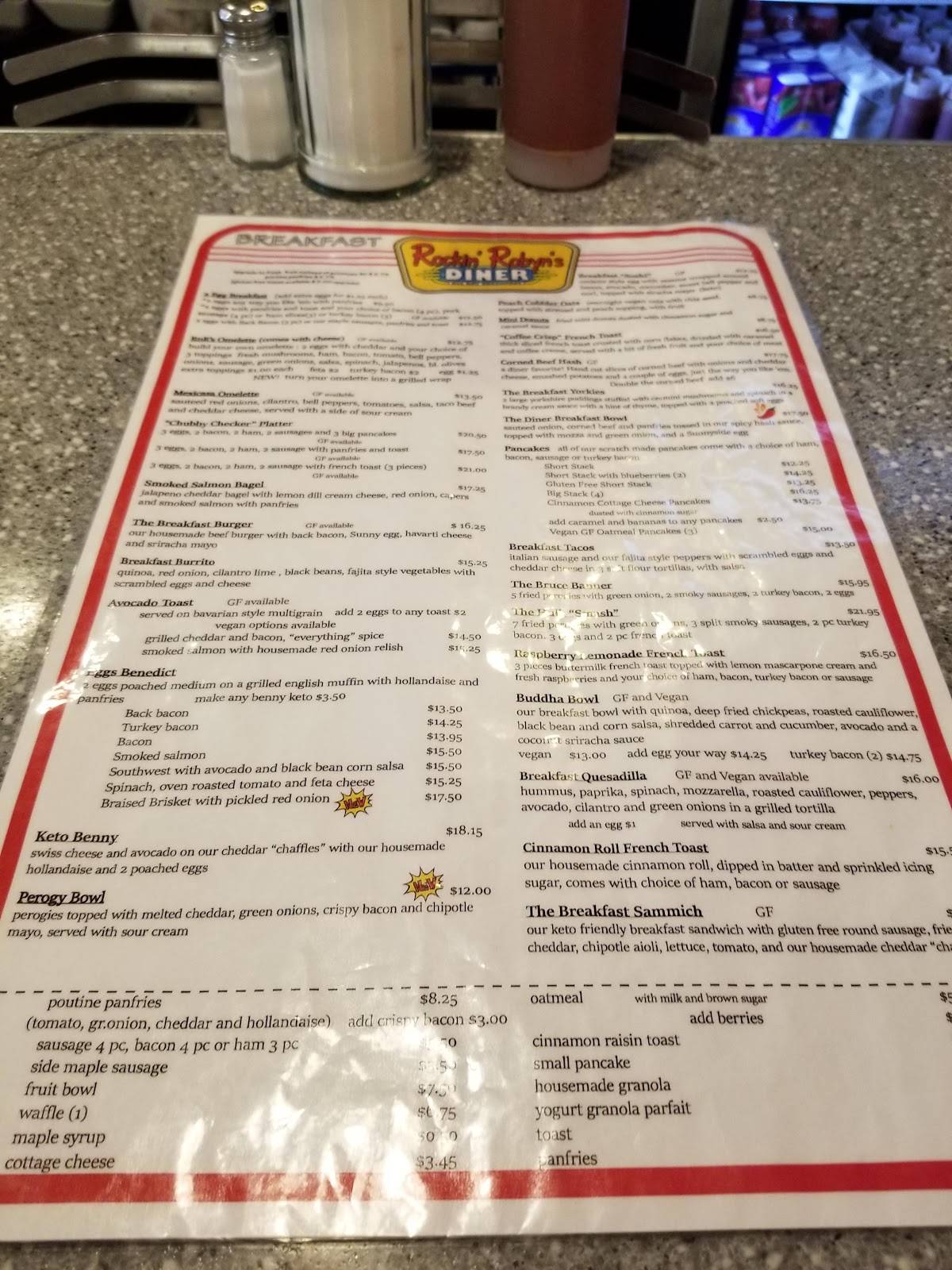 Menu at Rockin' Robyn's restaurant, Edmonton