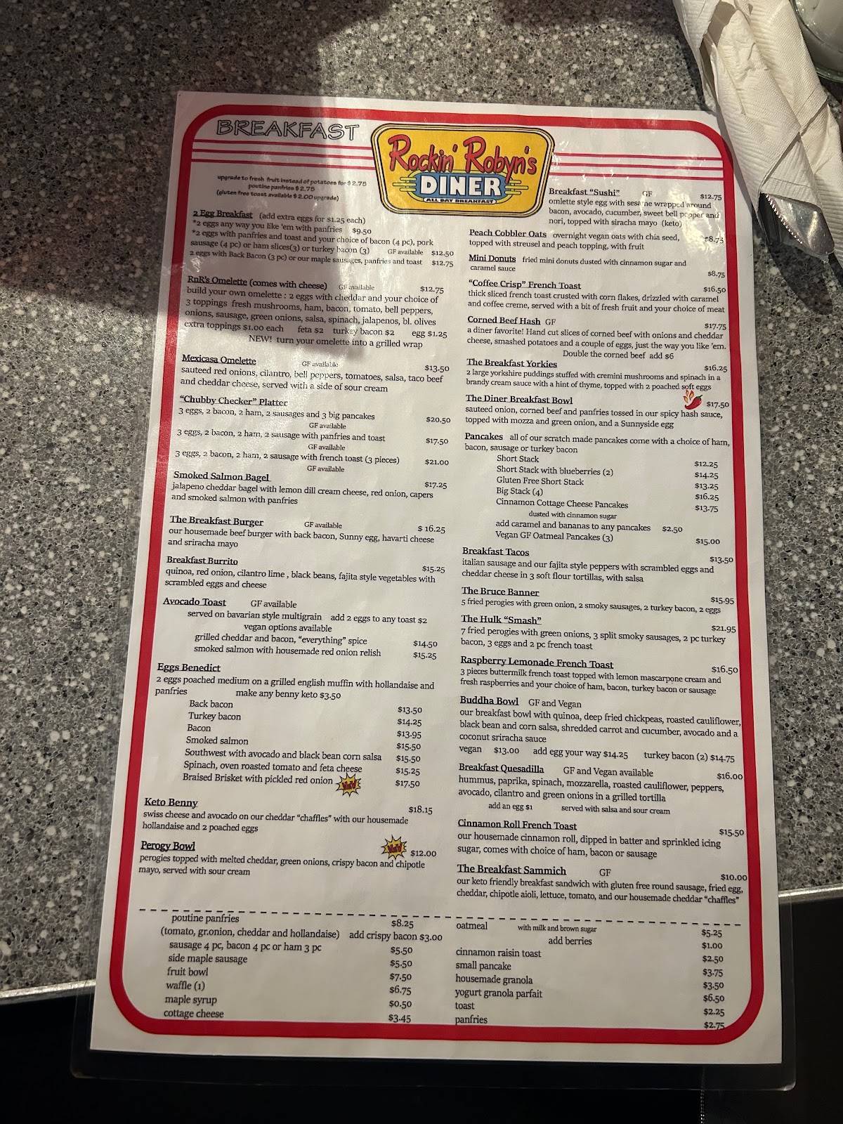 Menu at Rockin' Robyn's restaurant, Edmonton
