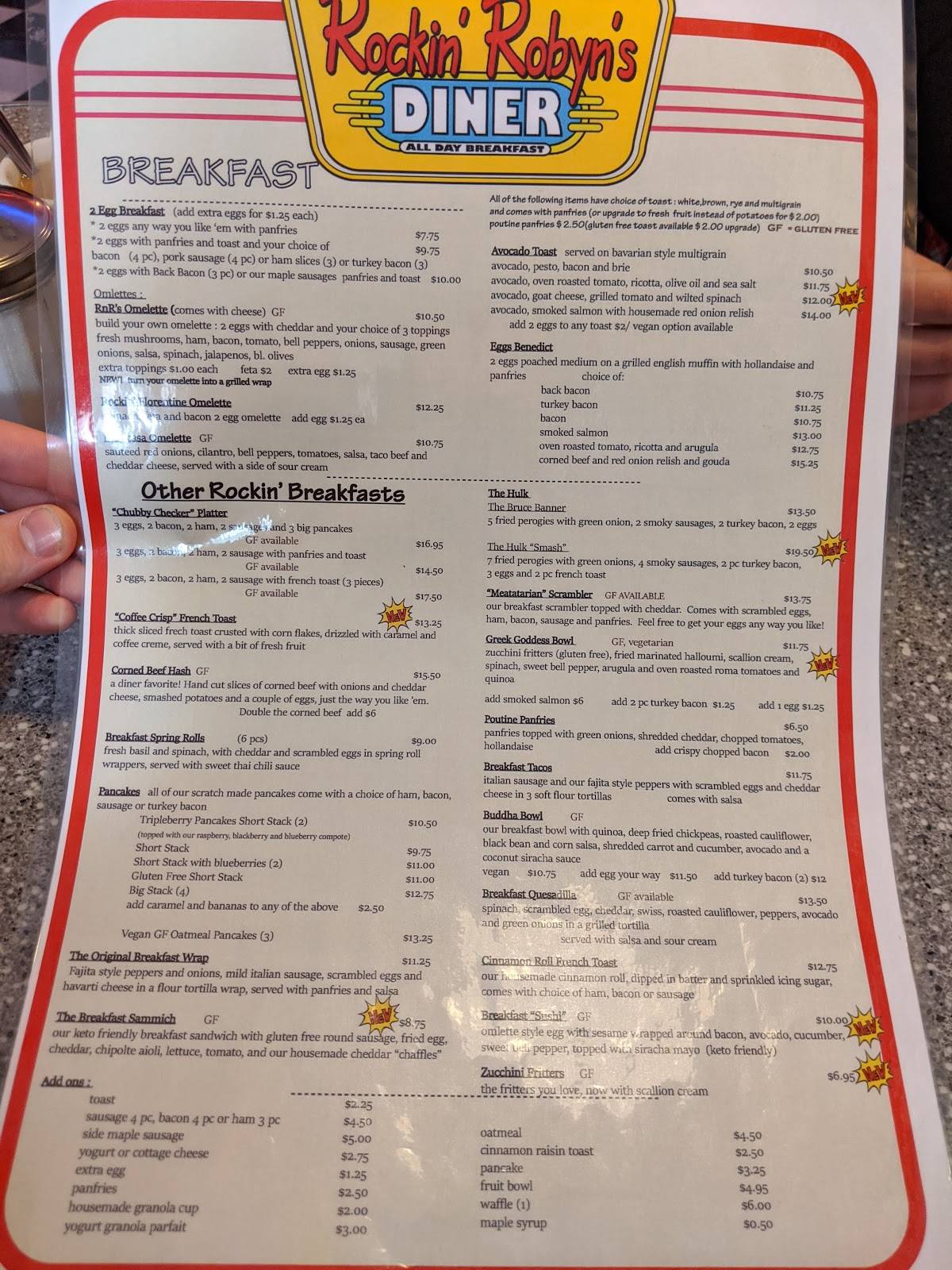 Menu at Rockin' Robyn's restaurant, Edmonton