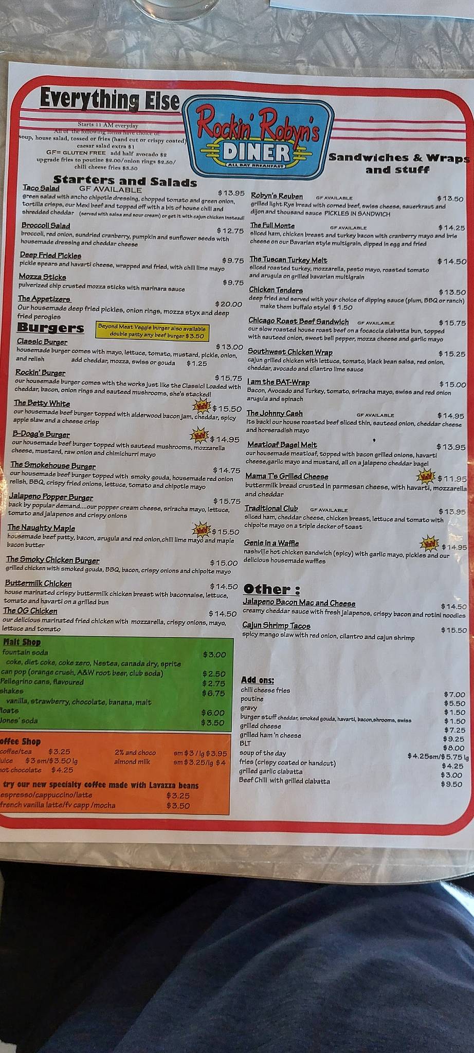 Menu at Rockin' Robyn's restaurant, Edmonton
