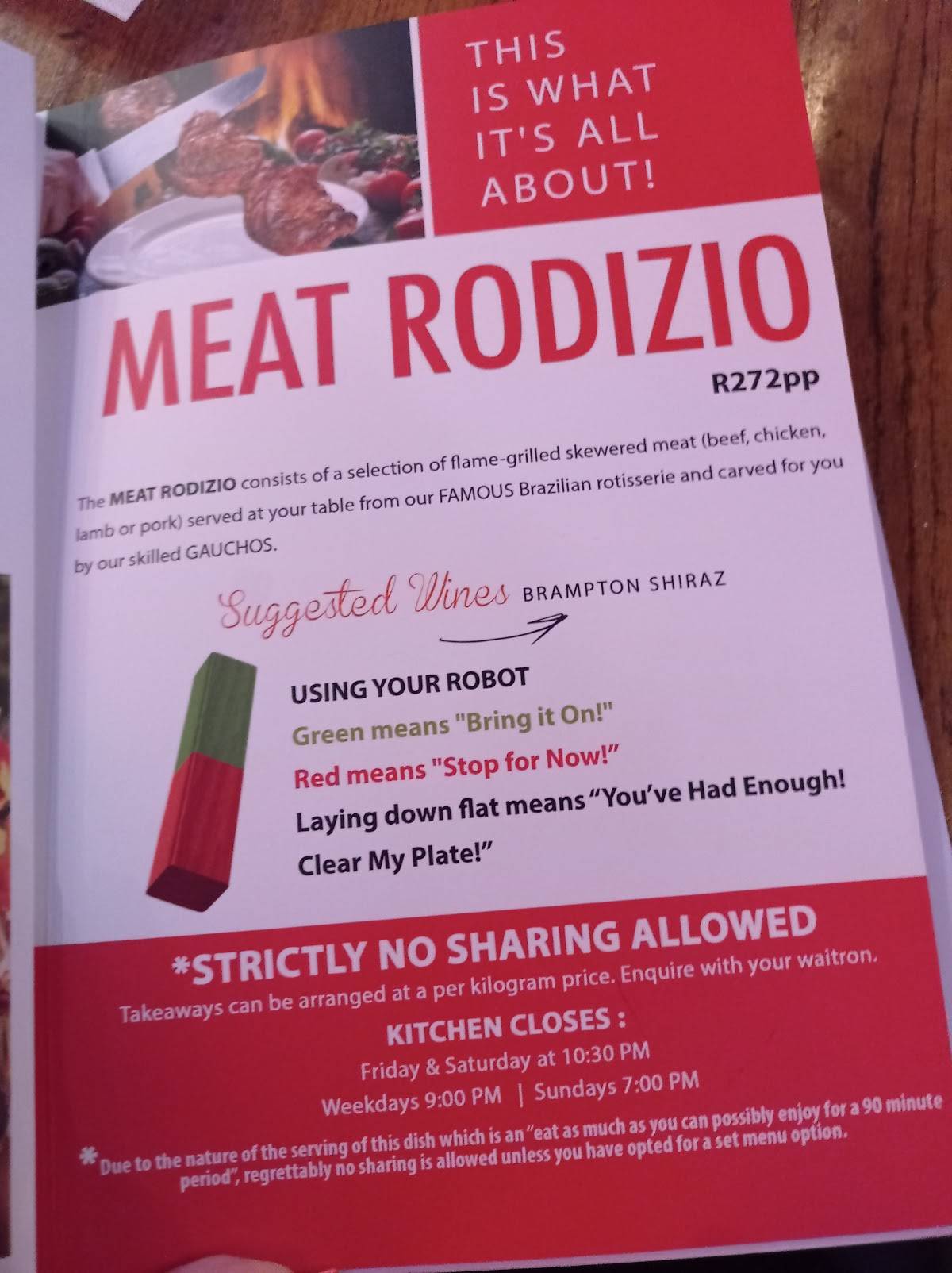 Menu at Rodizio Grill & Tapas restaurant, Sandton, Melrose Arch