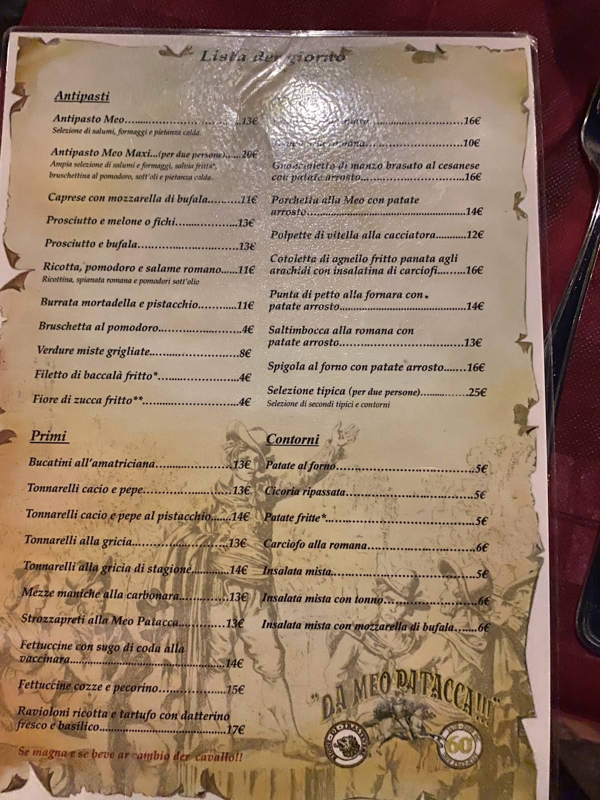 Menu at Ristorante Da Meo Patacca, Rome
