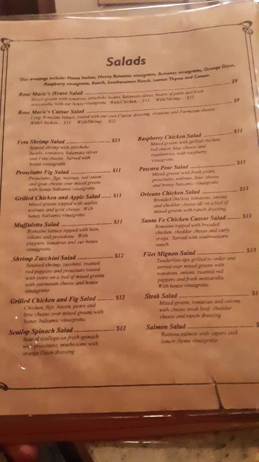 Menu at Rose Marie's restaurant, Bloomsburg