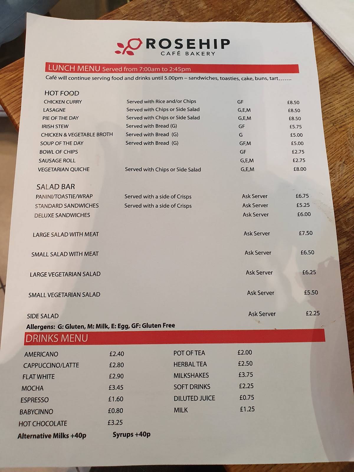 Menu at Rosehip Cafe and Bakery, Banbridge