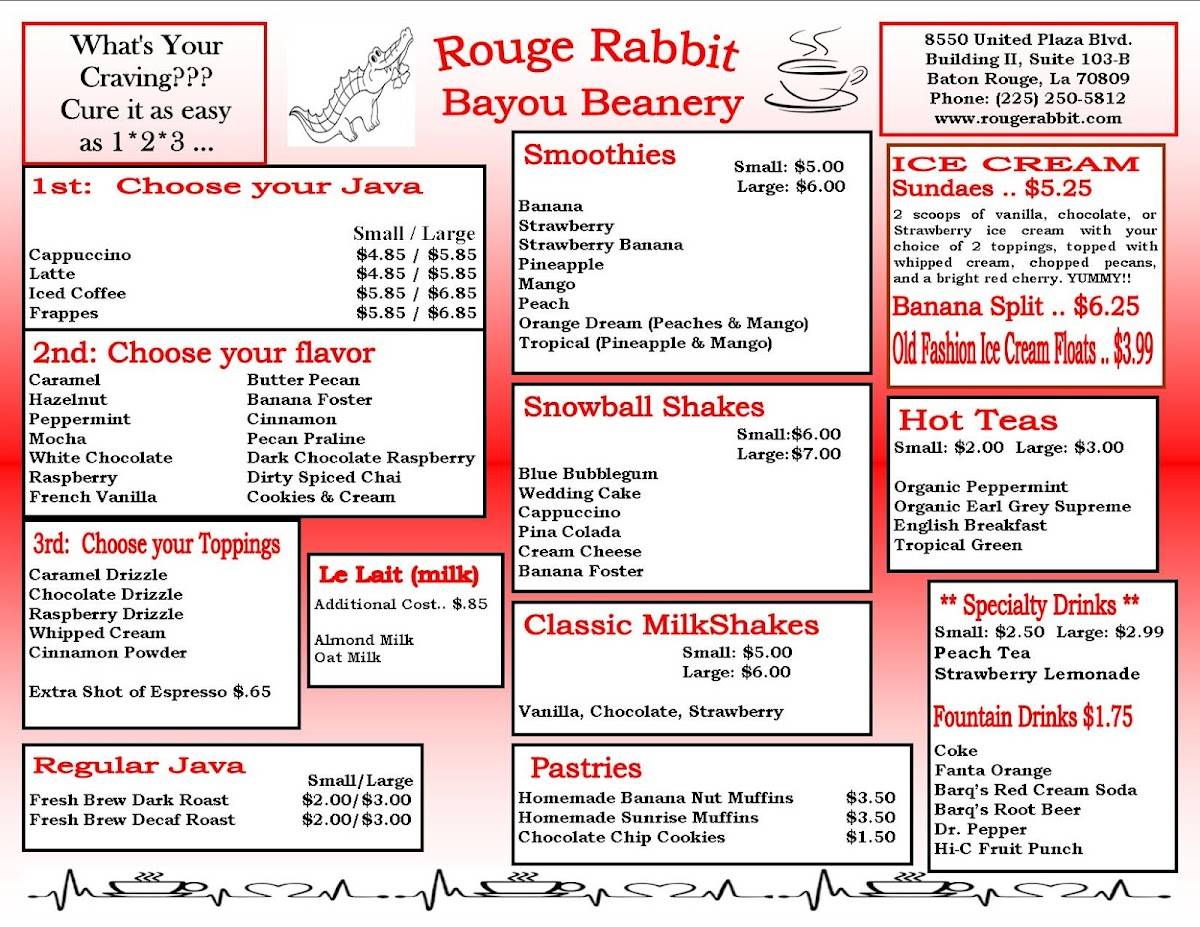 Menu at Rouge Rabbit cafe, Baton Rouge
