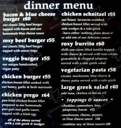 Menu at Roxy's pub & bar, Cape Town