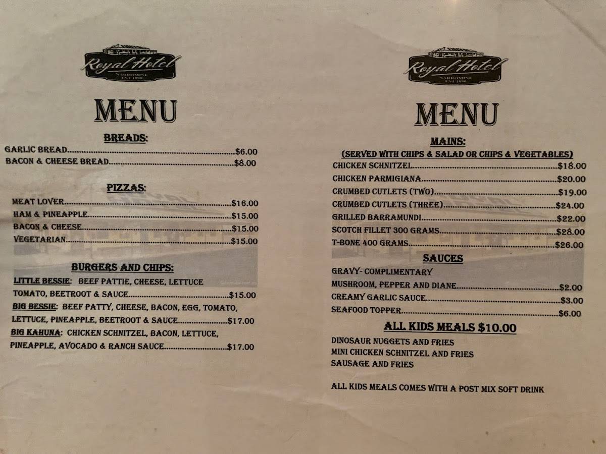 Menu at Royal Hotel pub & bar, Narromine