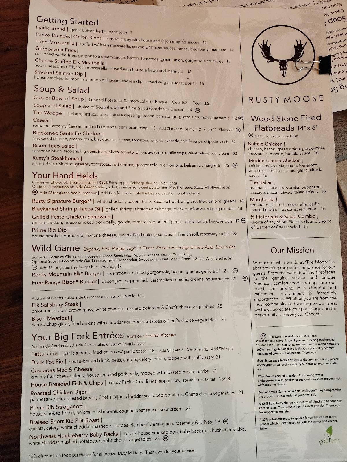 Menu at Rusty Moose steakhouse, Spokane, 9105 US-2