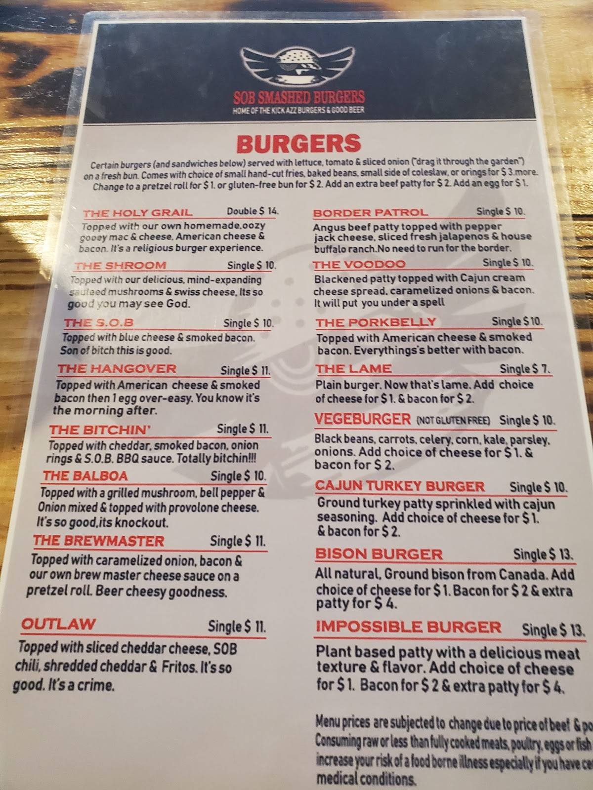 Menu at S.O.B. Burgers pub & bar, Bradenton