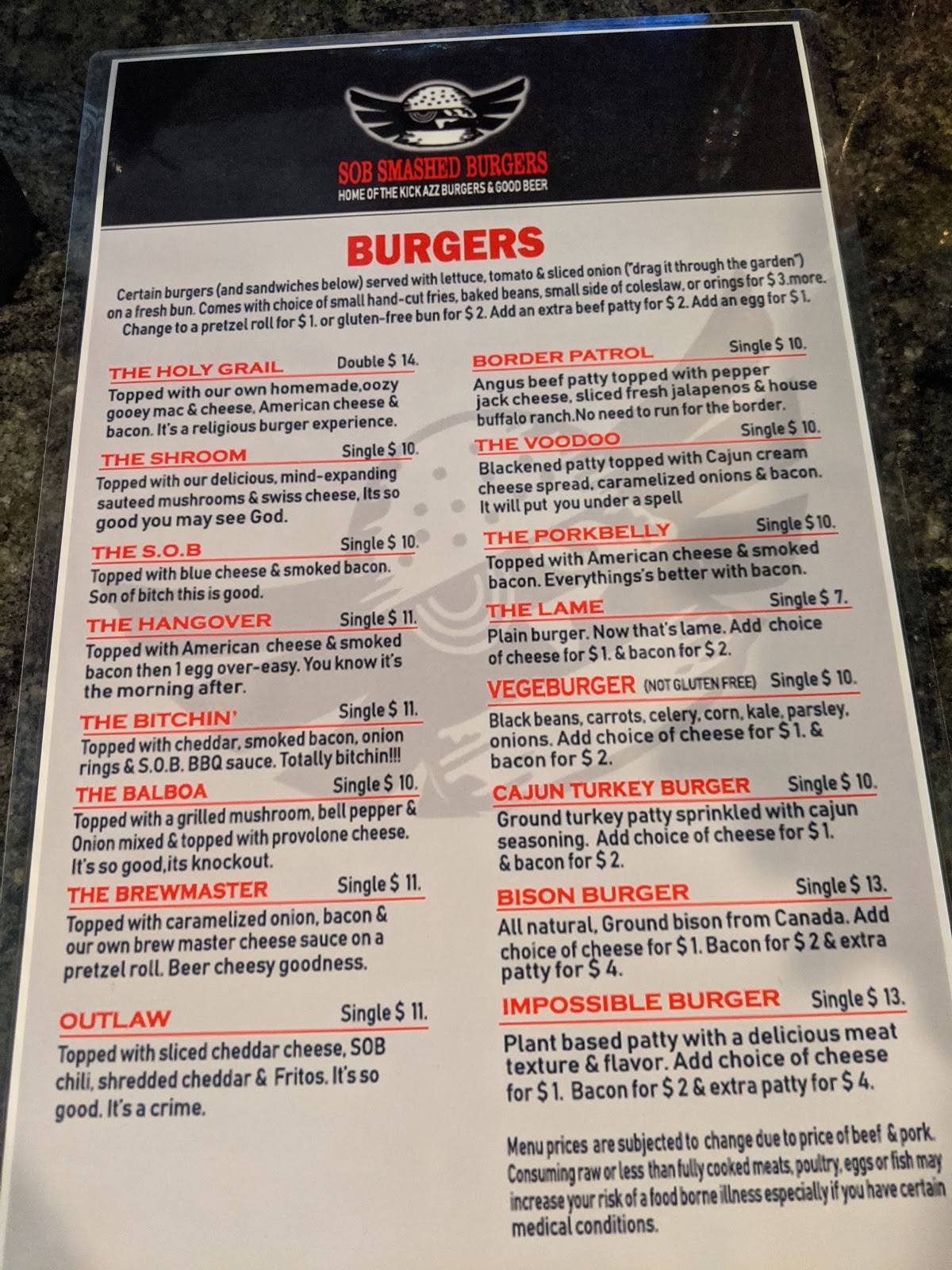 Menu at S.O.B. Burgers pub & bar, Bradenton