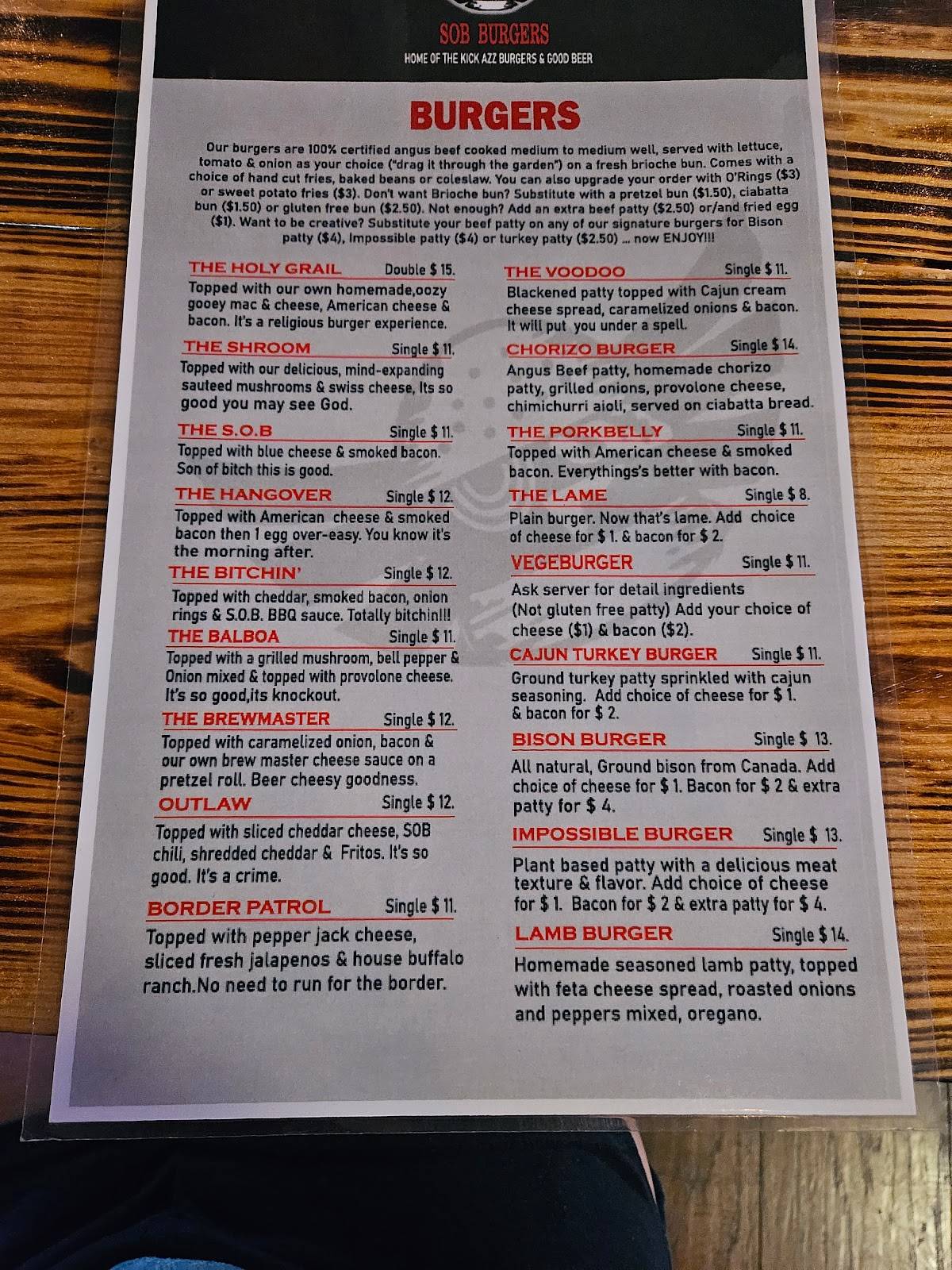 Menu at S.O.B. Burgers pub & bar, Bradenton