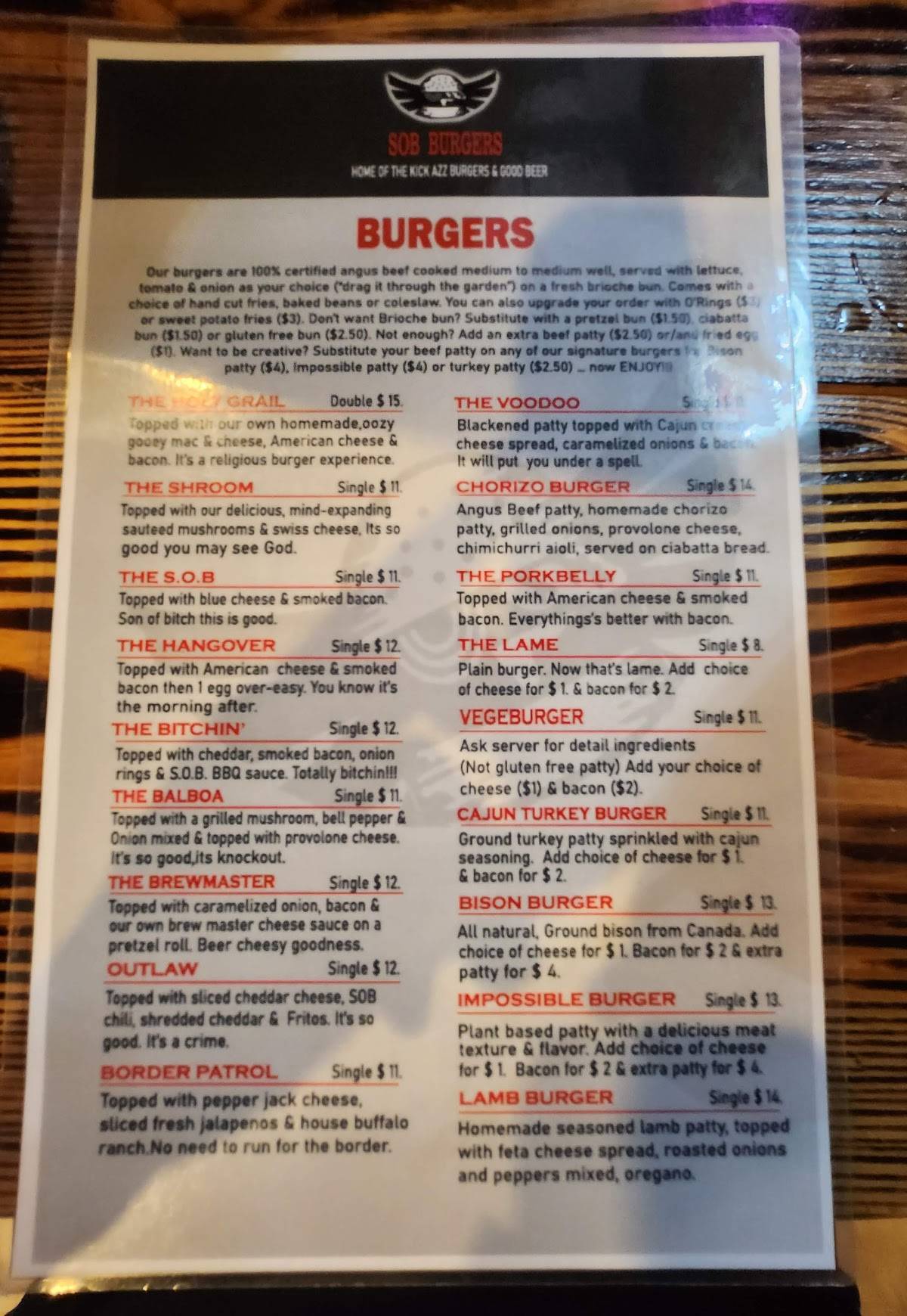 Menu at S.O.B. Burgers pub & bar, Bradenton